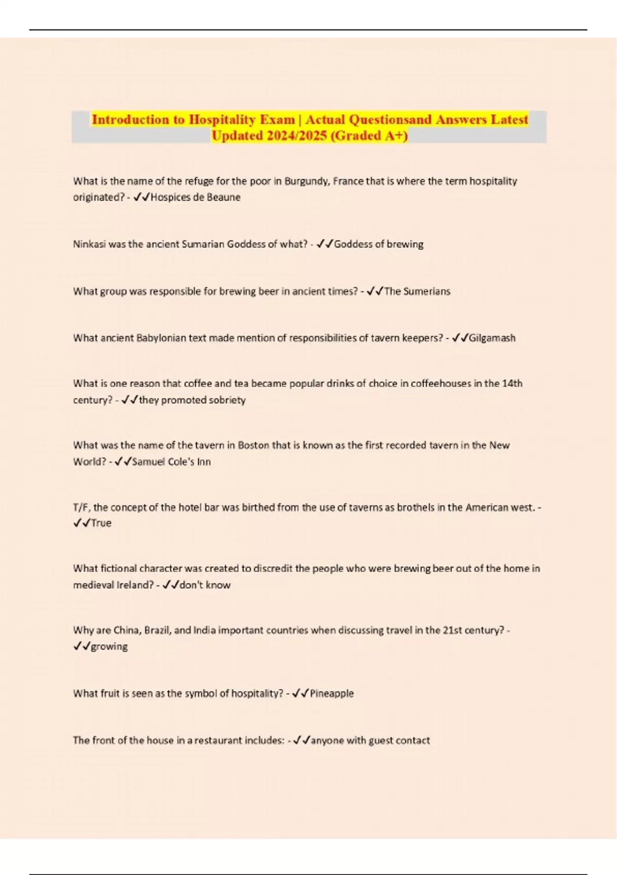 Introduction to Hospitality Exam Questions and Answers Latest Updated ...