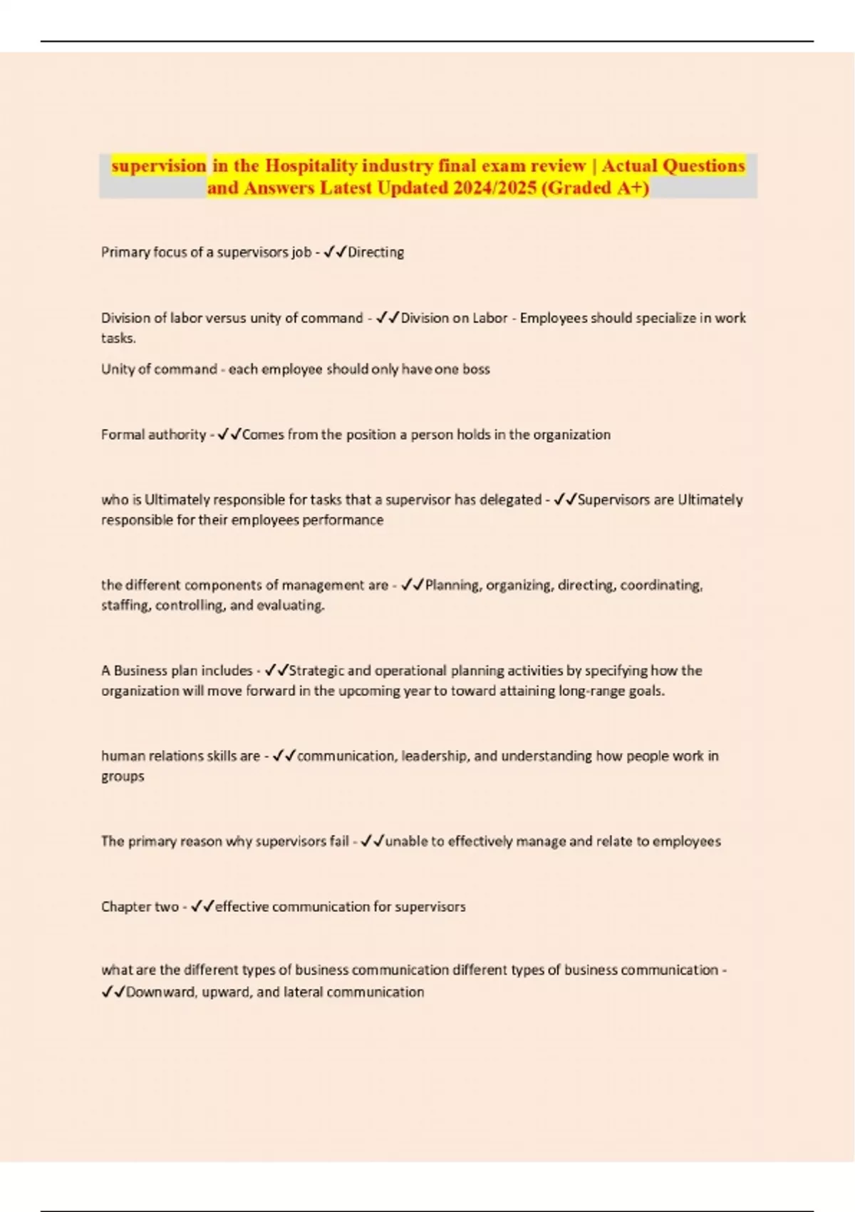 Supervision in the hospitality industry Exam | Actual Questions and ...