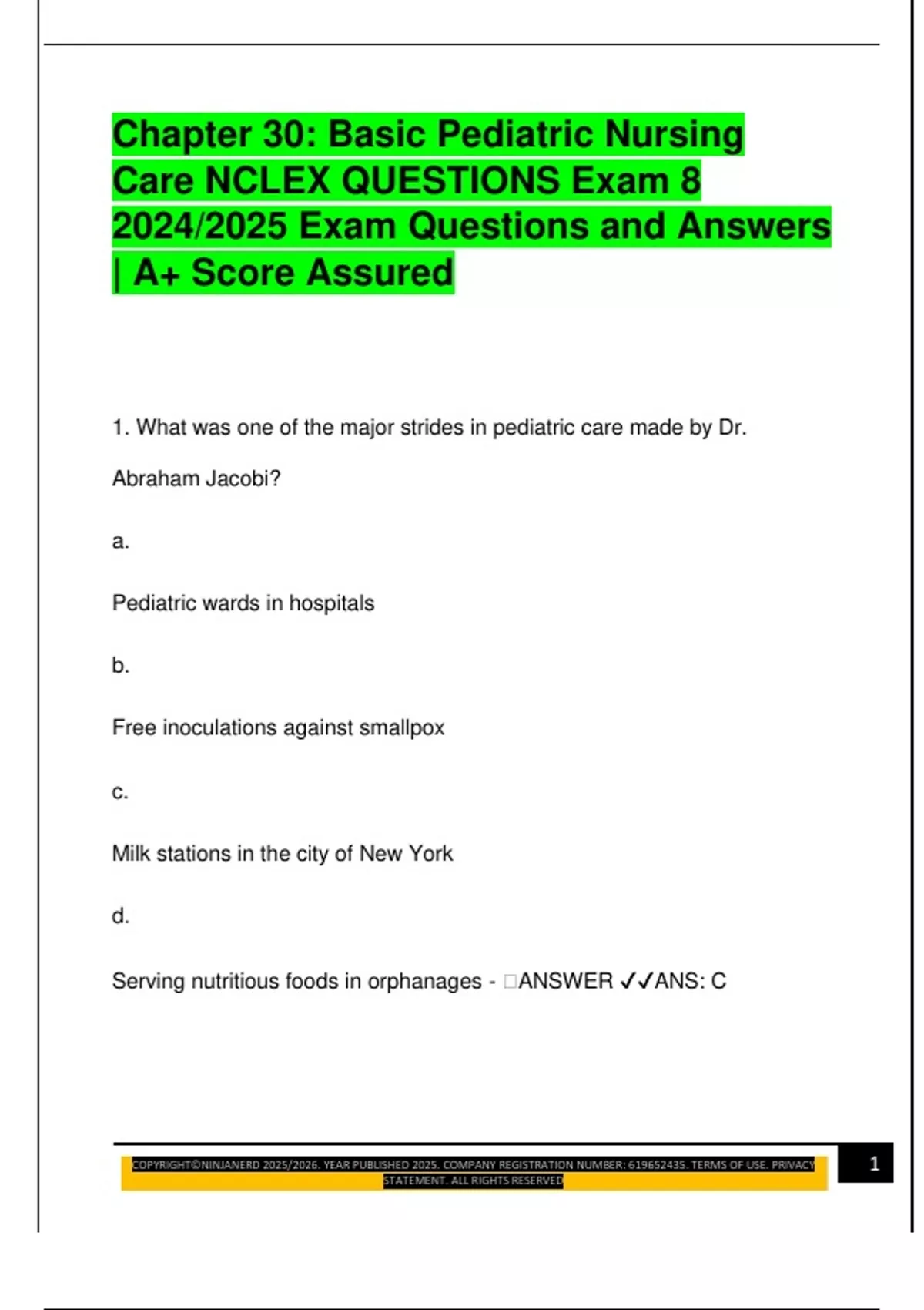Chapter 30: Basic Pediatric Nursing Care NCLEX QUESTIONS Exam 8 2024/ ...