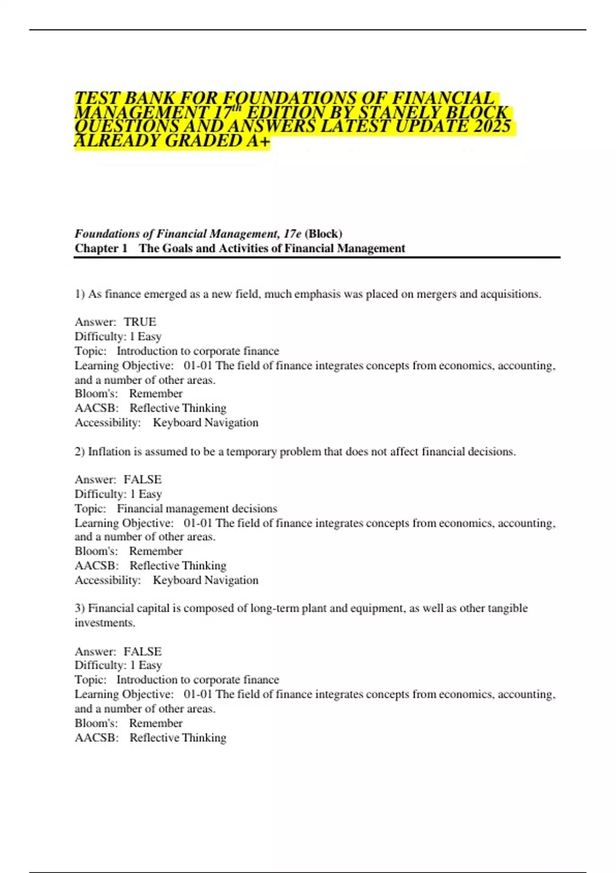 TEST BANK FOR FOUNDATIONS OF FINANCIAL MANAGEMENT 17th EDITION BY ...