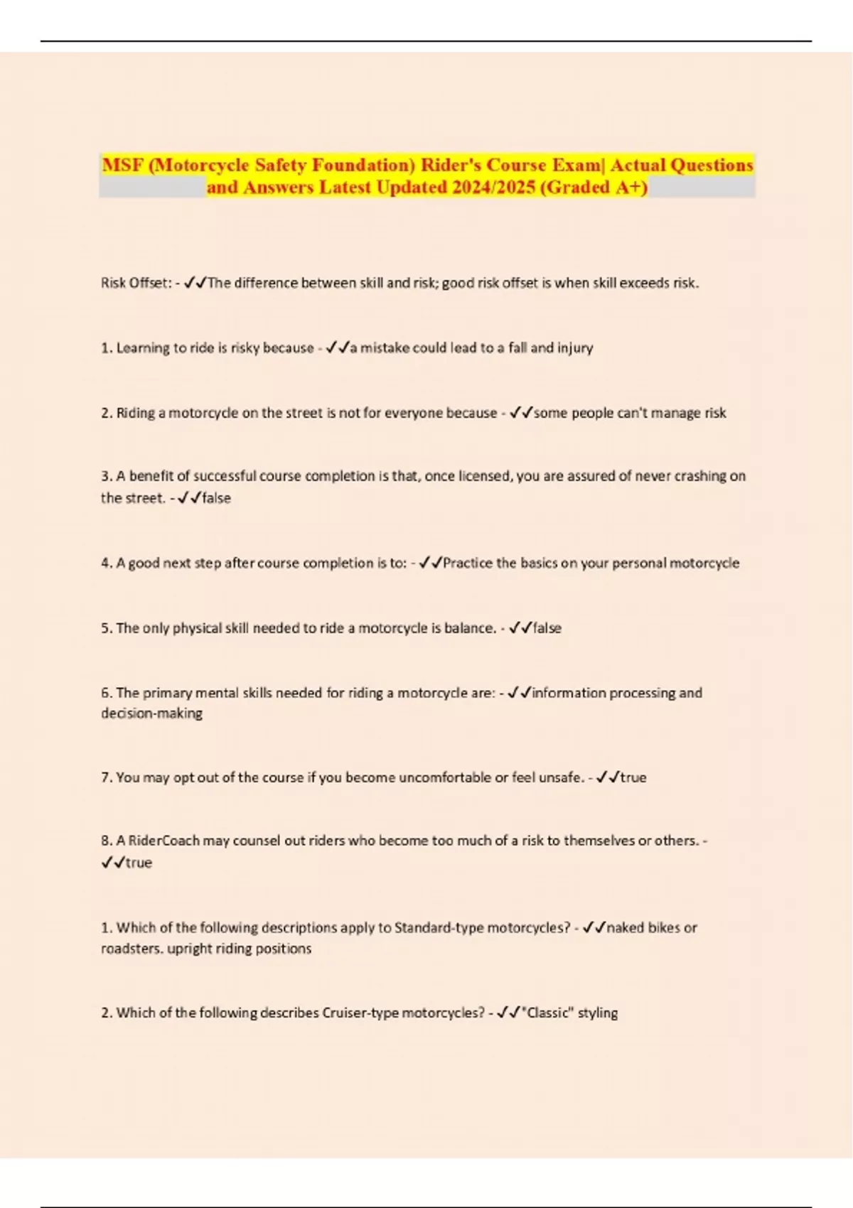 MSF (Motorcycle Safety Foundation) Rider's Exam| Actual Questions and ...