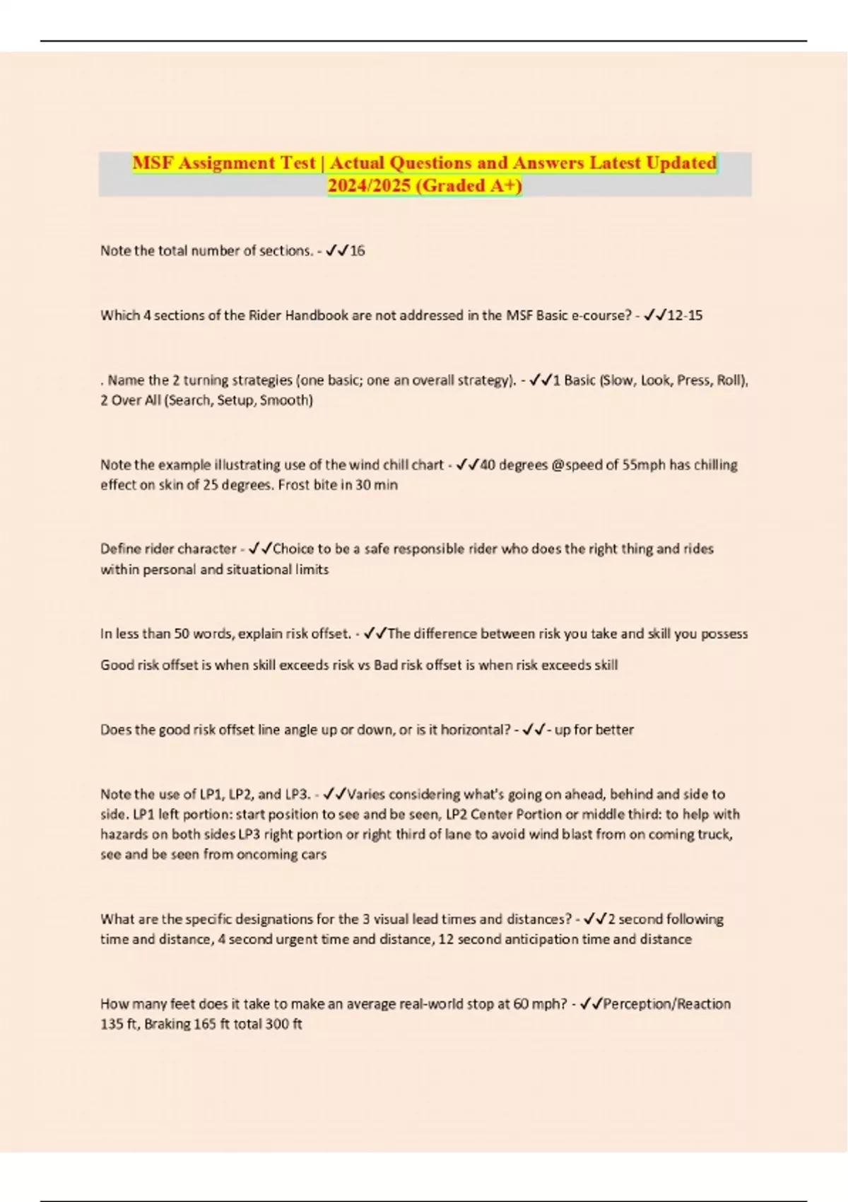 MSF (Motorcycle Safety Foundation) Rider's Exam| Actual Questions and ...