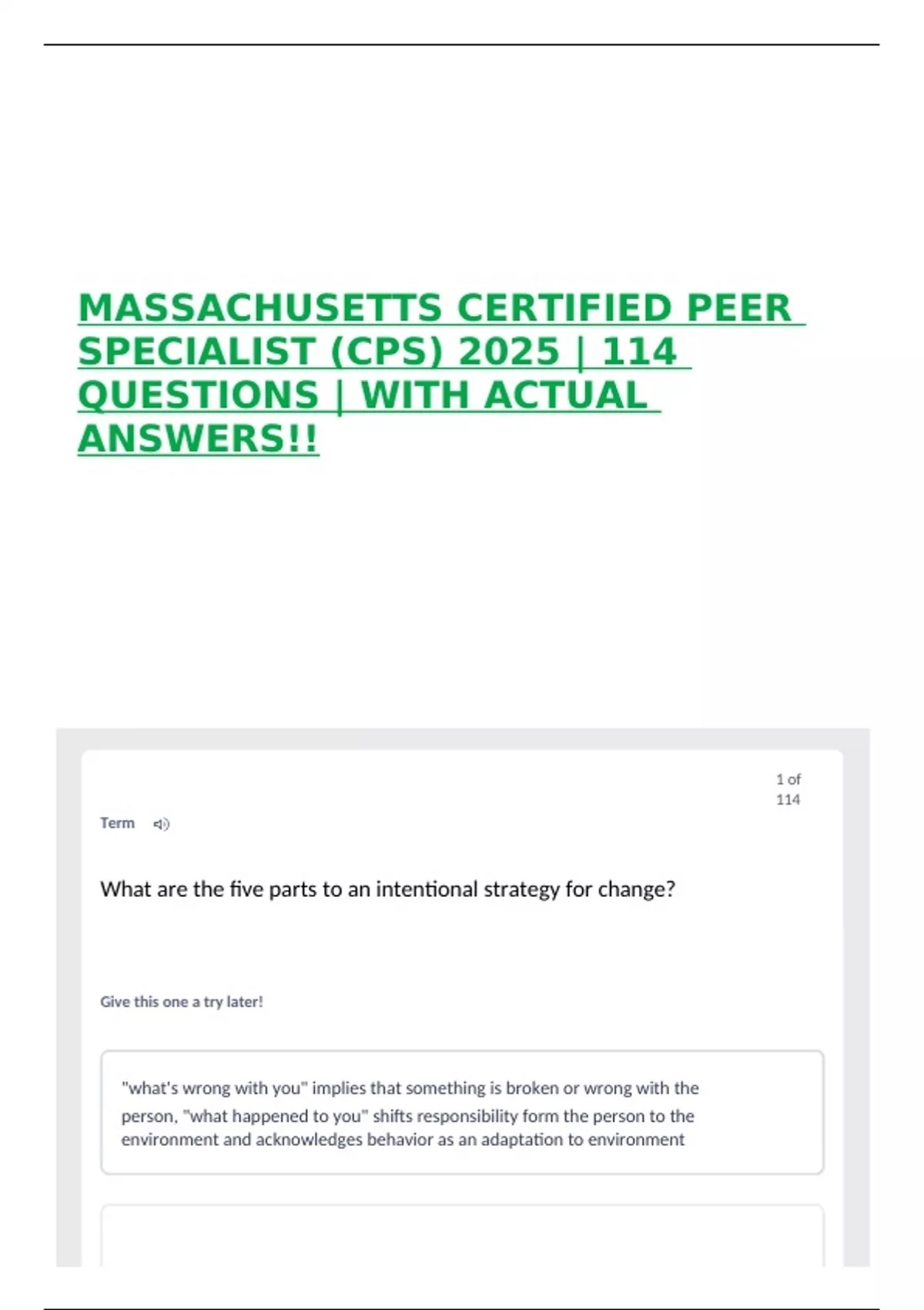 MASSACHUSETTS CERTIFIED PEER SPECIALIST (CPS) 2025 | 114 QUESTIONS ...