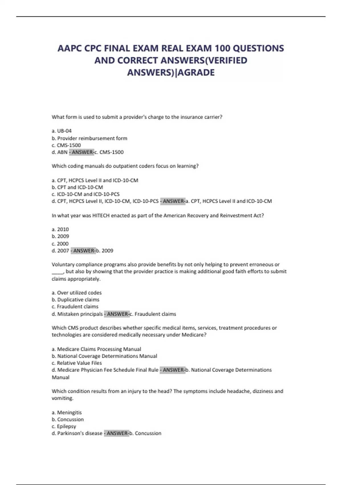 AAPC CPC FINAL EXAM REAL EXAM 100 QUESTIONS AND CO - AAPC CPC - Stuvia US