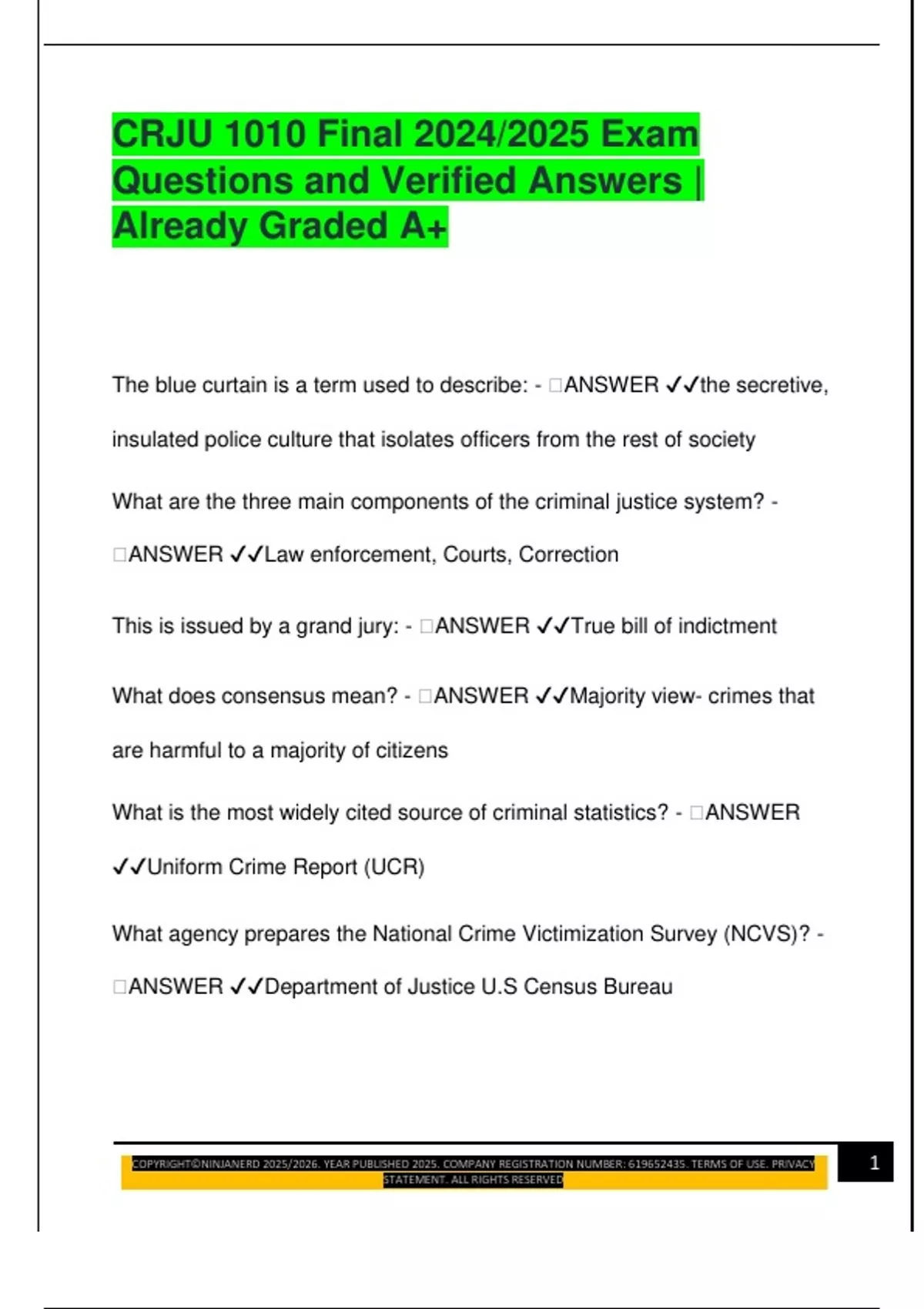 CRJU 1010 Final 2024/2025 Exam Questions and Verified Answers | Already Graded A+ - Criminal ...