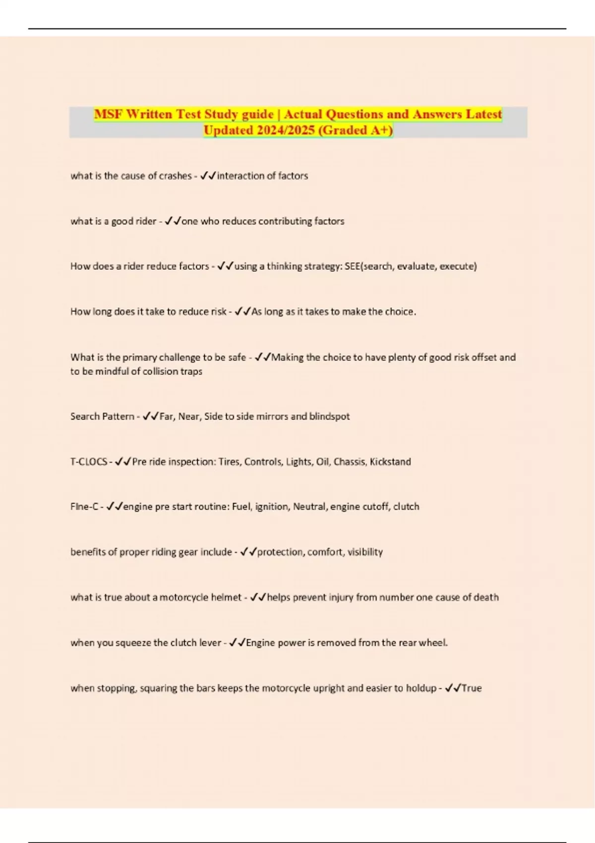 MSF (Motorcycle Safety Foundation) Rider's Exam| Actual Questions and ...