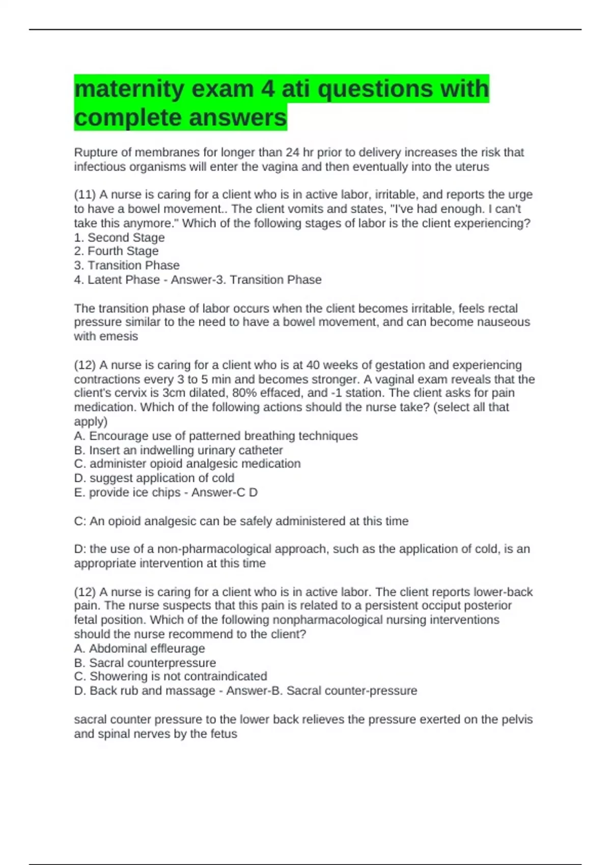 maternity exam 4 ATI questions with complete answers - ATI maternity ...