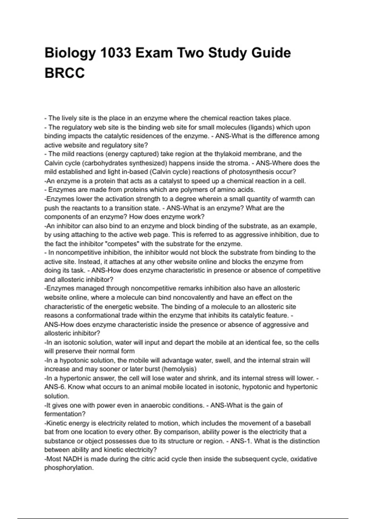 Biology 1033 Exam Two Study Guide BRCC (2025/2026 Newest Update ...