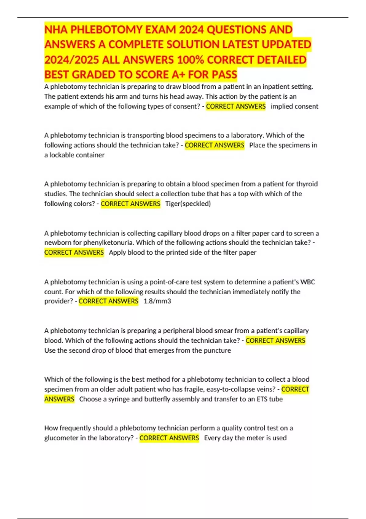 NHA PHLEBOTOMY EXAM 2024 QUESTIONS AND ANSWERS A COMPLETE SOLUTION ...