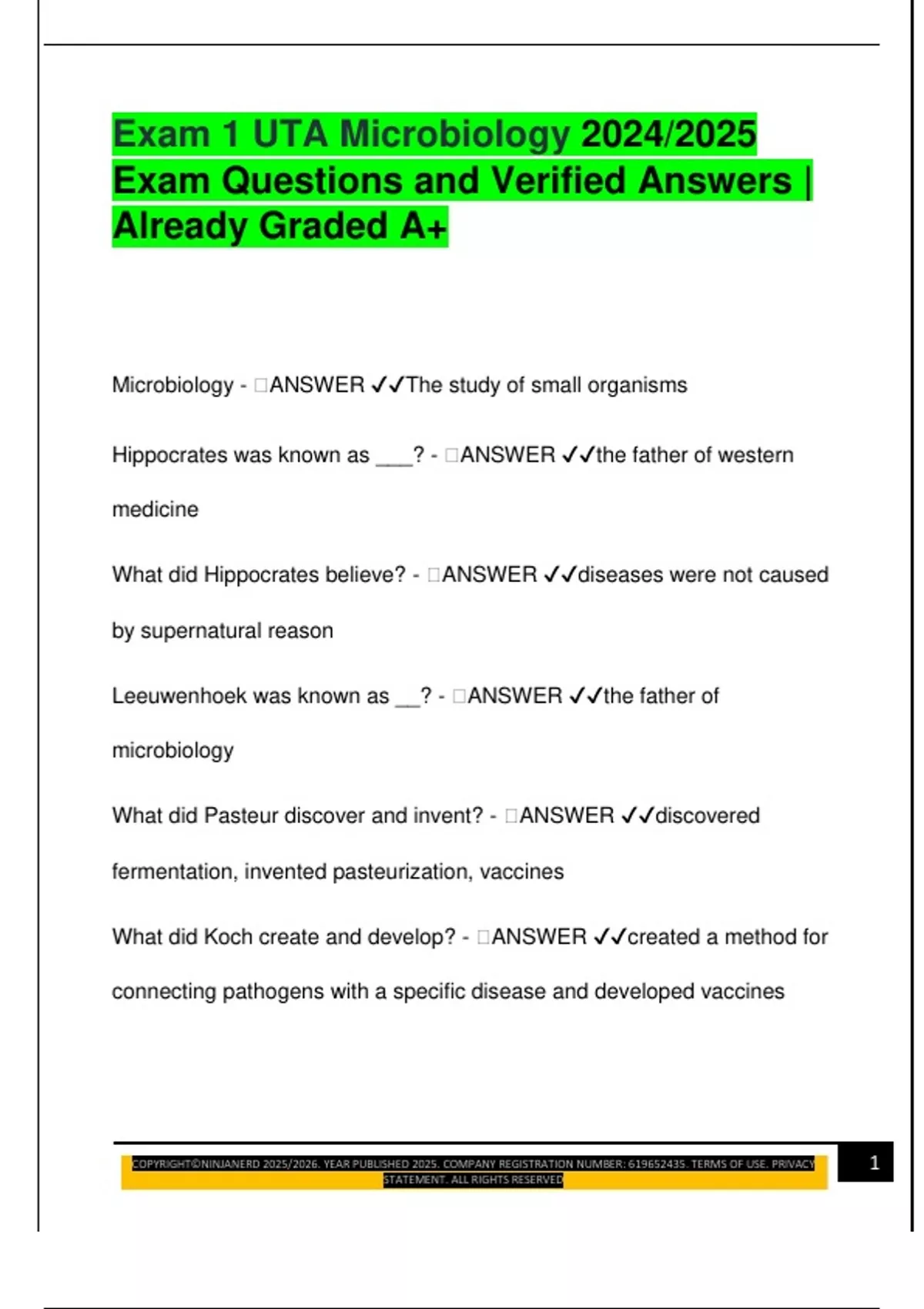 Exam 1 UTA Microbiology 2024/2025 Exam Questions and Verified Answers ...
