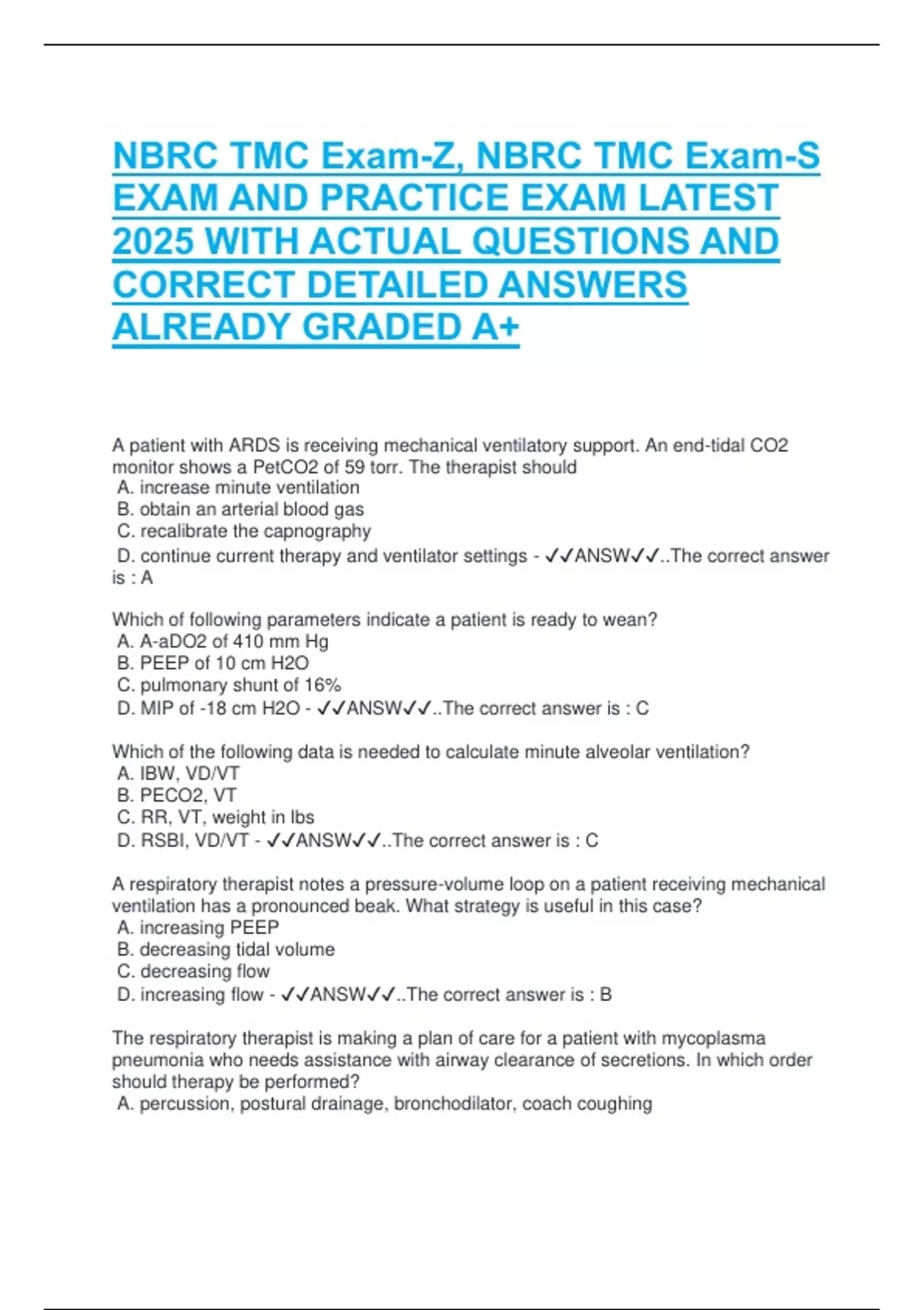 NBRC TMC Exam-Z, NBRC TMC Exam-S EXAM AND PRACTICE EXAM LATEST 2025 ...