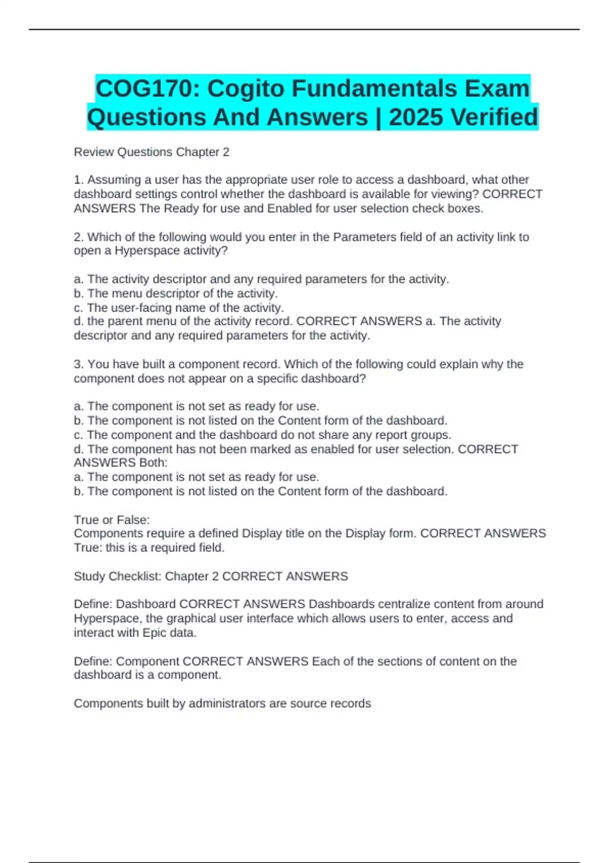 COG170: Cogito Fundamentals Exam Questions And Answers | 2025 Verified ...