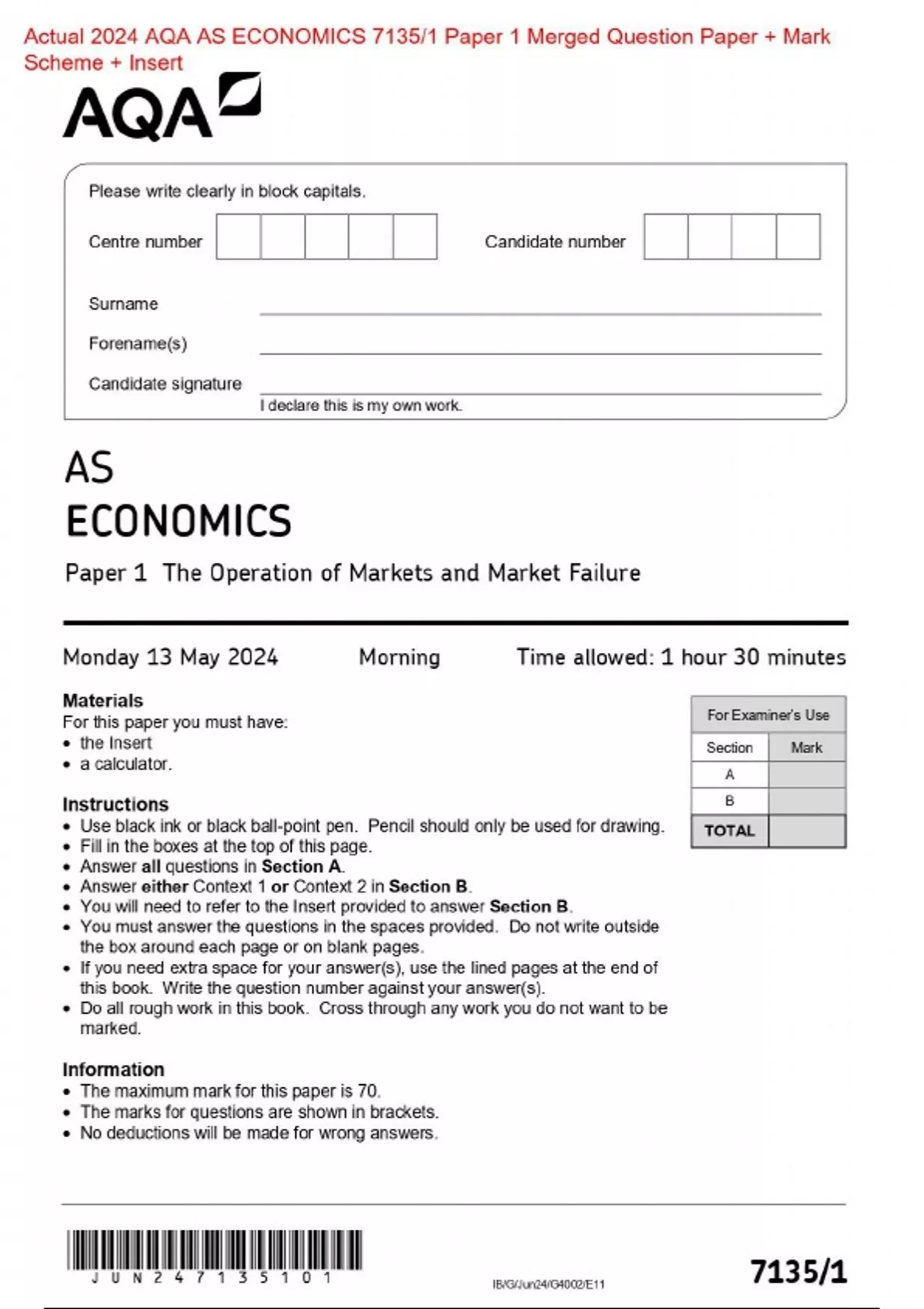 Actual 2024 AQA AS ECONOMICS 7135/1 Paper 1 Merged Question Paper ...