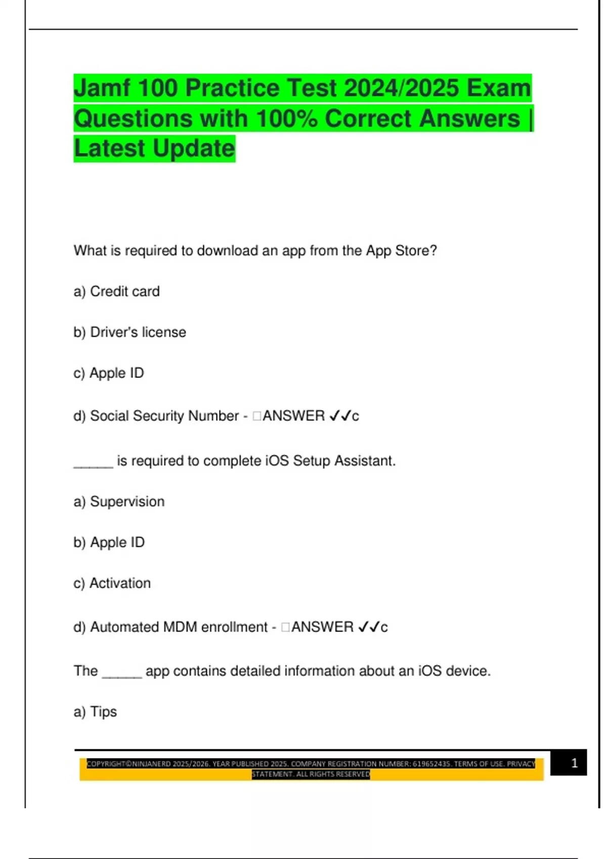 Jamf 100 Practice Test 2024/2025 Exam Questions with 100% Correct ...