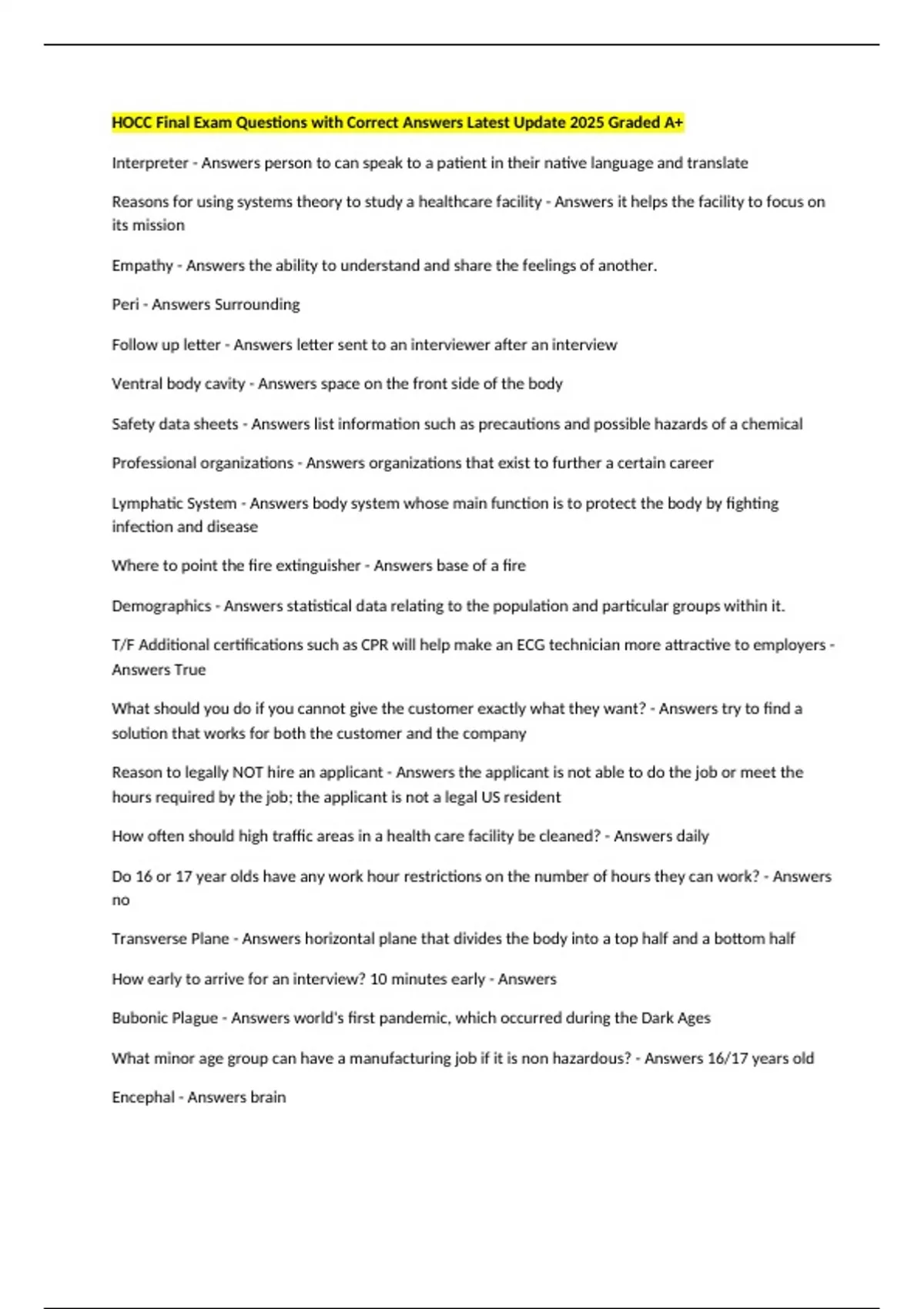 HOCC Final Exam Questions with Correct Answers Latest Update 2025 ...