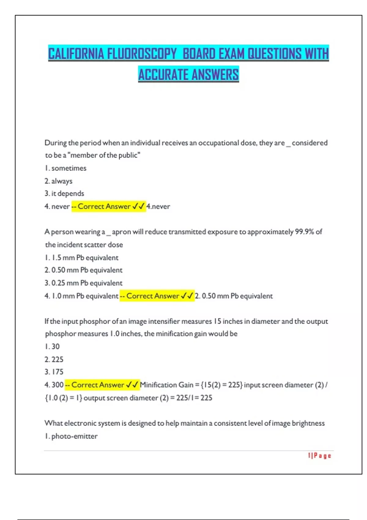 CALIFORNIA FLUOROSCOPY BOARD EXAM QUESTIONS WITH ACCURATE ANSWERS ...