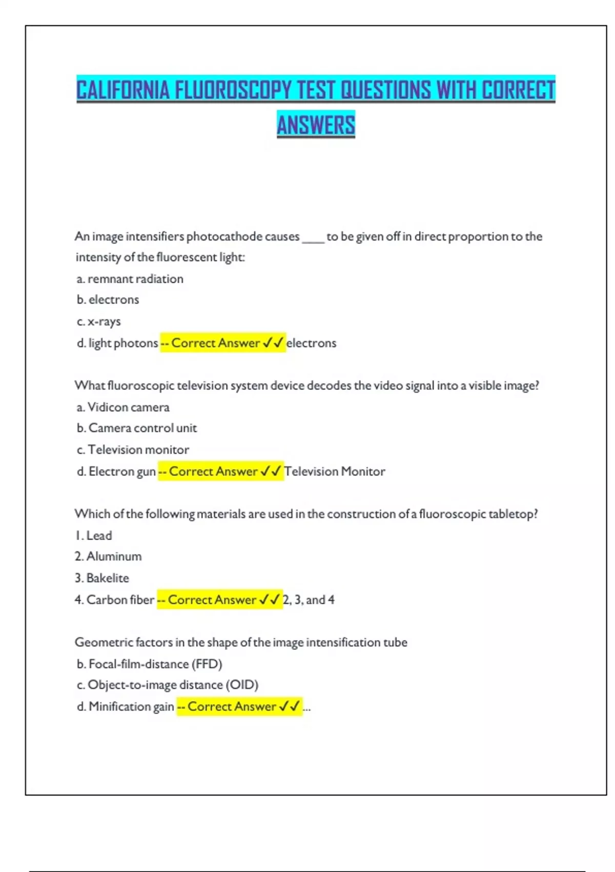 CALIFORNIA FLUOROSCOPY TEST QUESTIONS WITH CORRECT ANSWERS - California ...