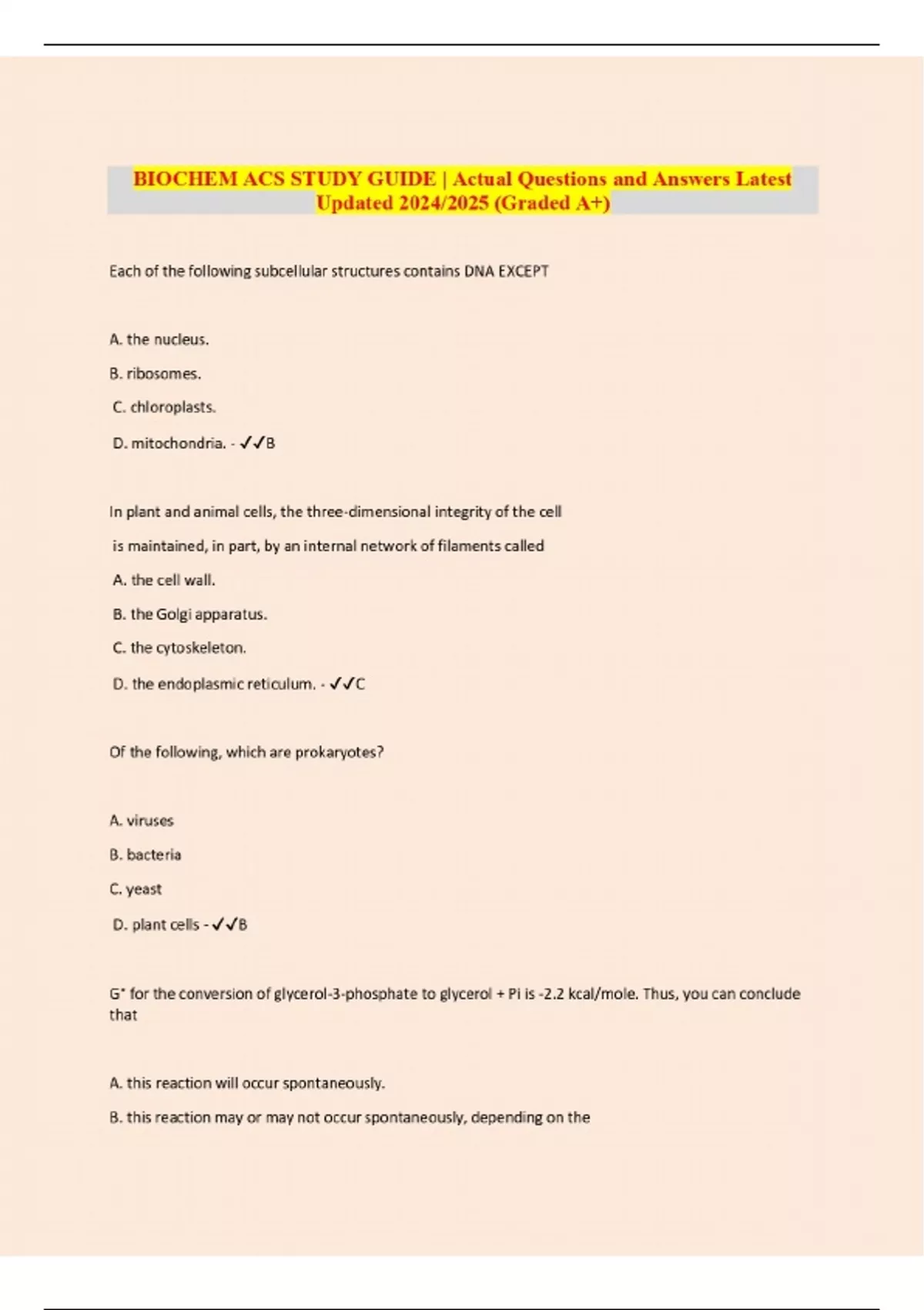ACS BIOCHEMISTRY EXAM | Actual Questions and Answers Latest Updated ...