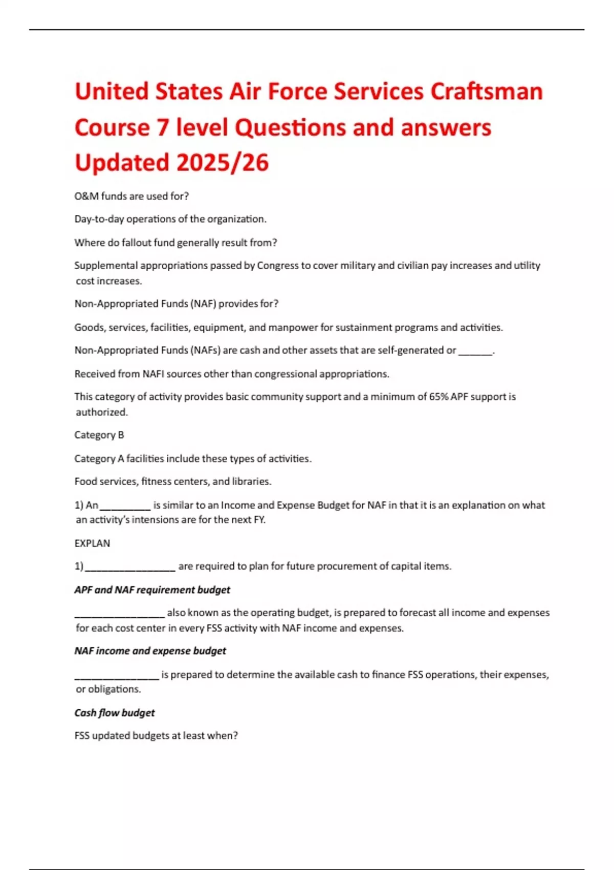 United States Air Force Services Craftsman Course 7 level Questions and ...
