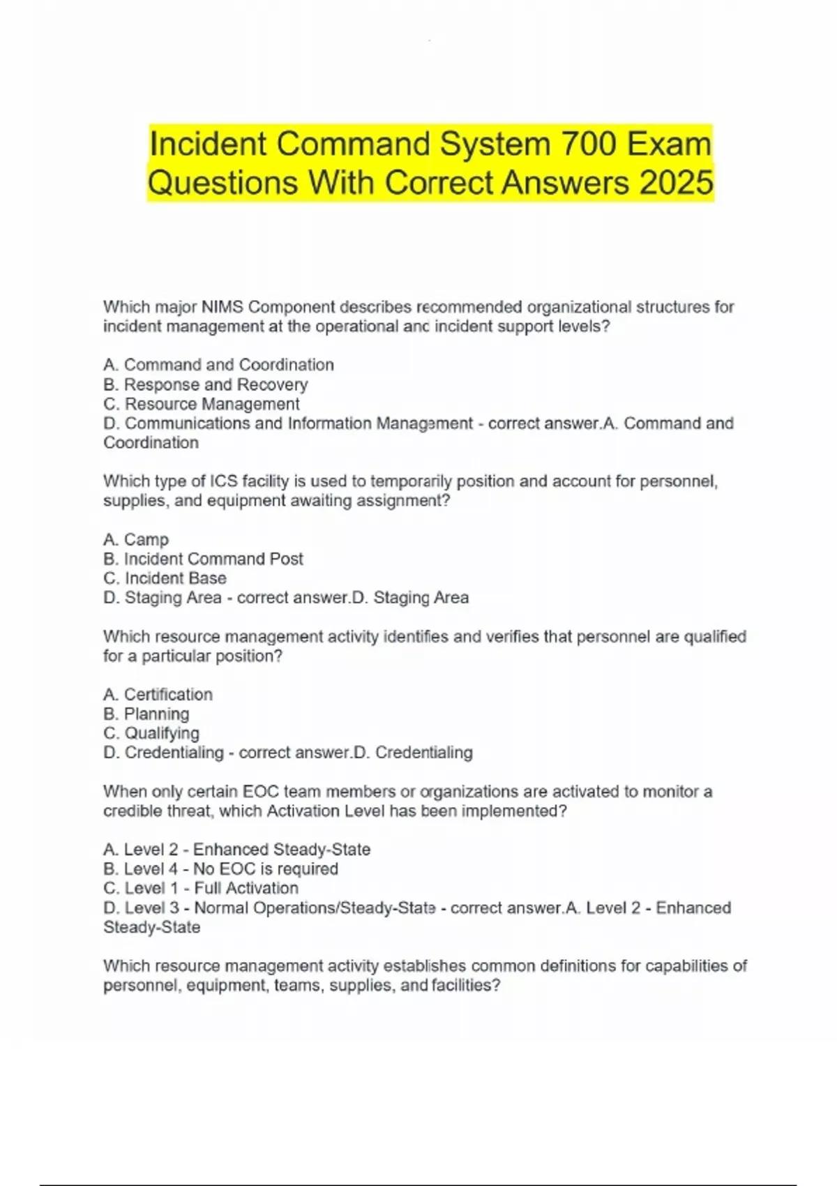 Incident Command System 700 Exam Questions With Correct Answers 2025 ...