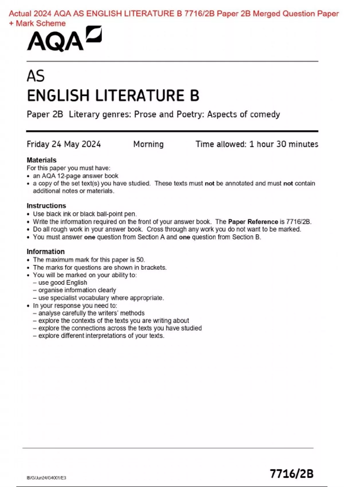 Actual 2024 AQA AS ENGLISH LITERATURE B 7716/2B Paper 2B Merged ...