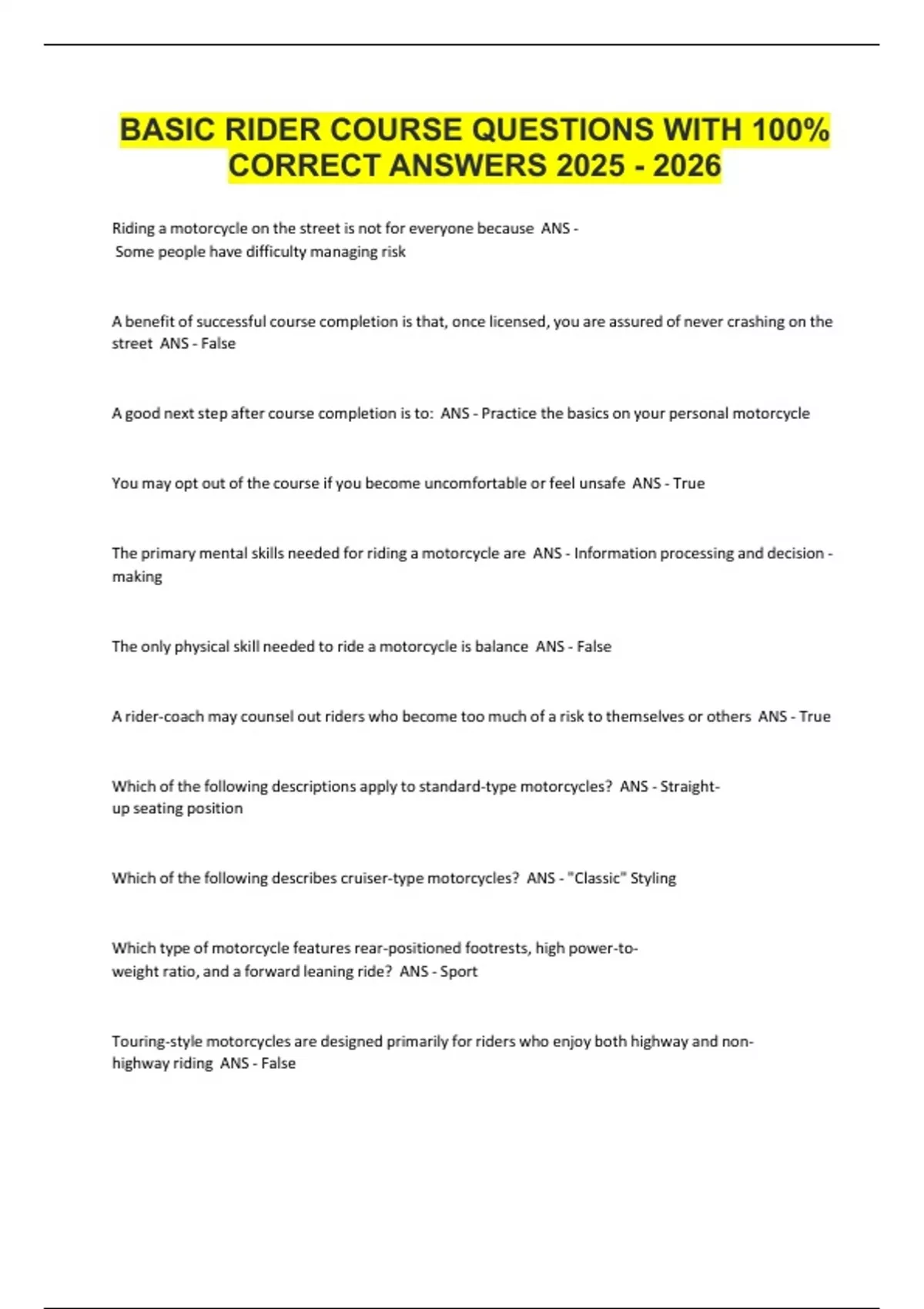 BASIC RIDER COURSE QUESTIONS WITH 100% CORRECT ANSWERS - MSF - Stuvia US