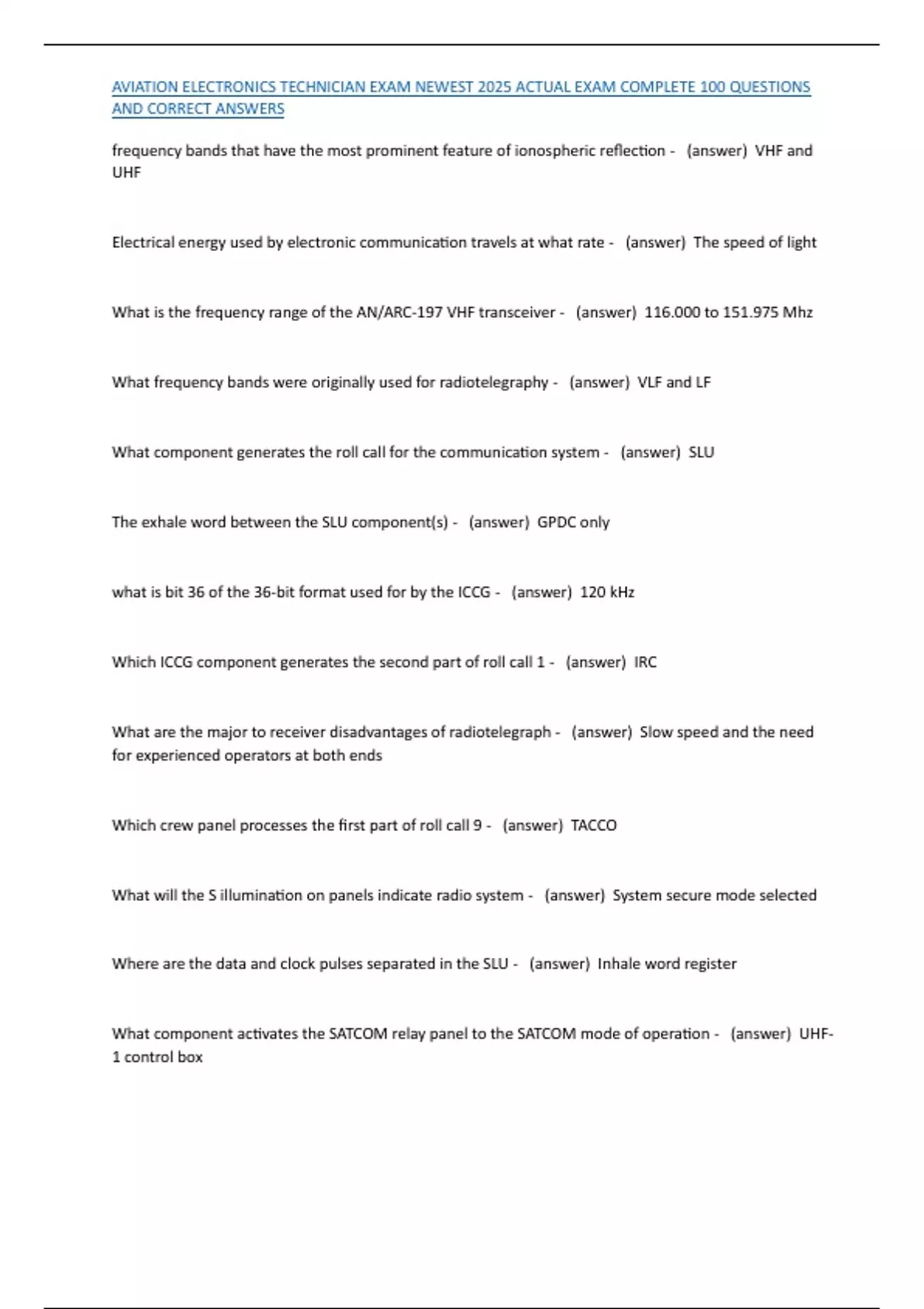 AVIATION ELECTRONICS TECHNICIAN EXAM NEWEST 2025 ACTUAL EXAM COMPLETE ...