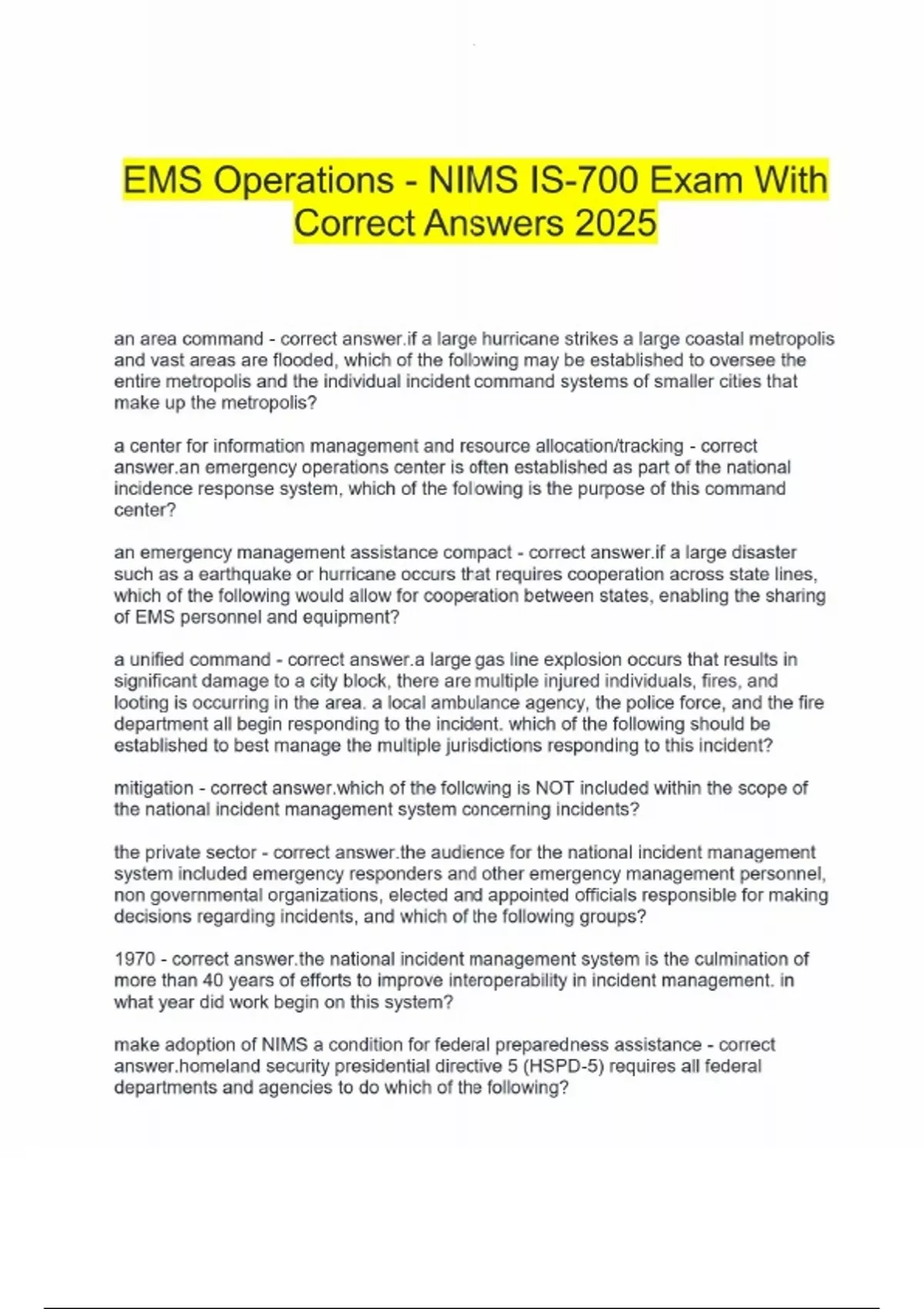 EMS Operations - NIMS IS-700 Exam With Correct Answers 2025 - EMS ...