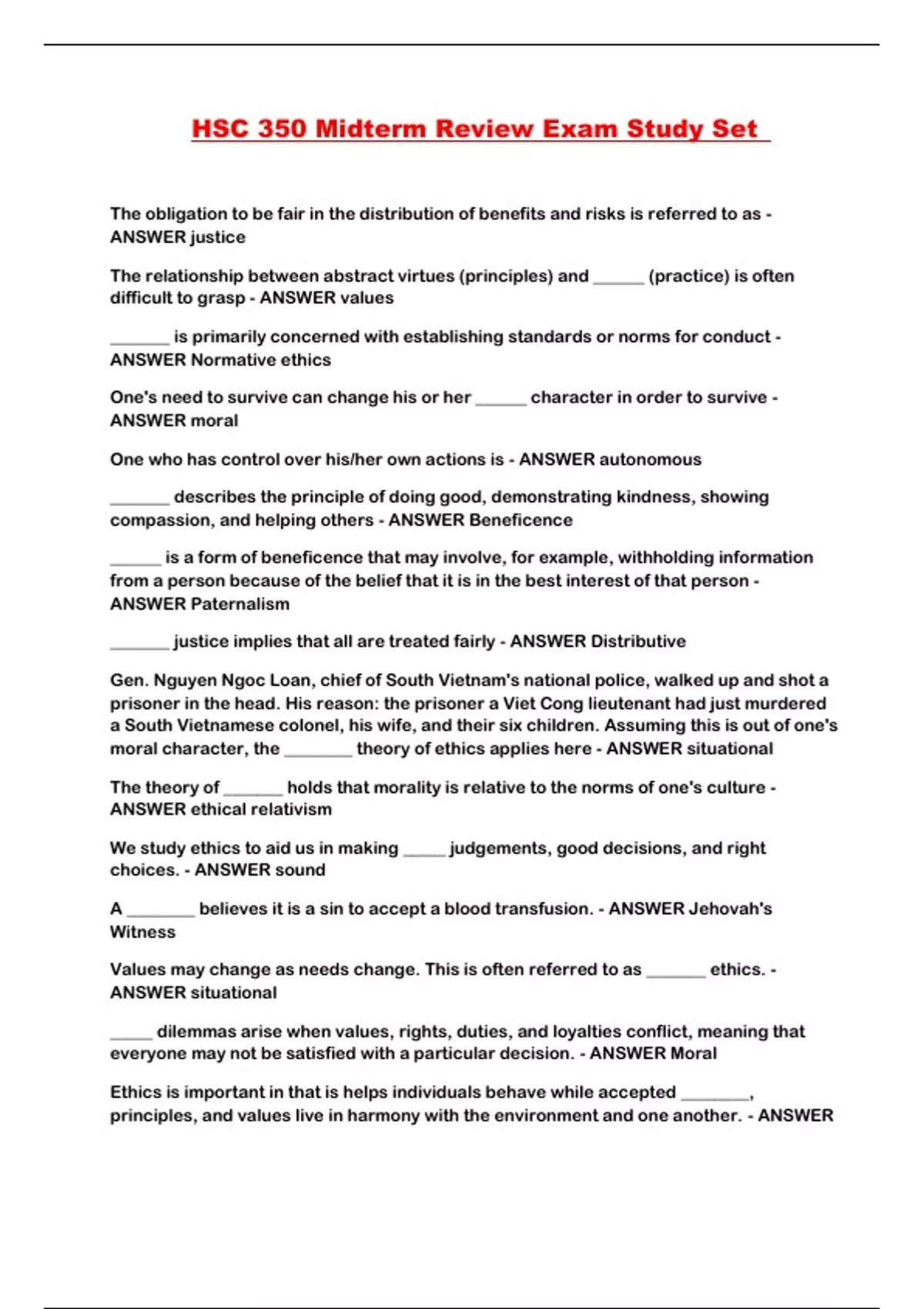 HSC 350 Midterm Review Exam Study Set - HSC 350 - Stuvia US