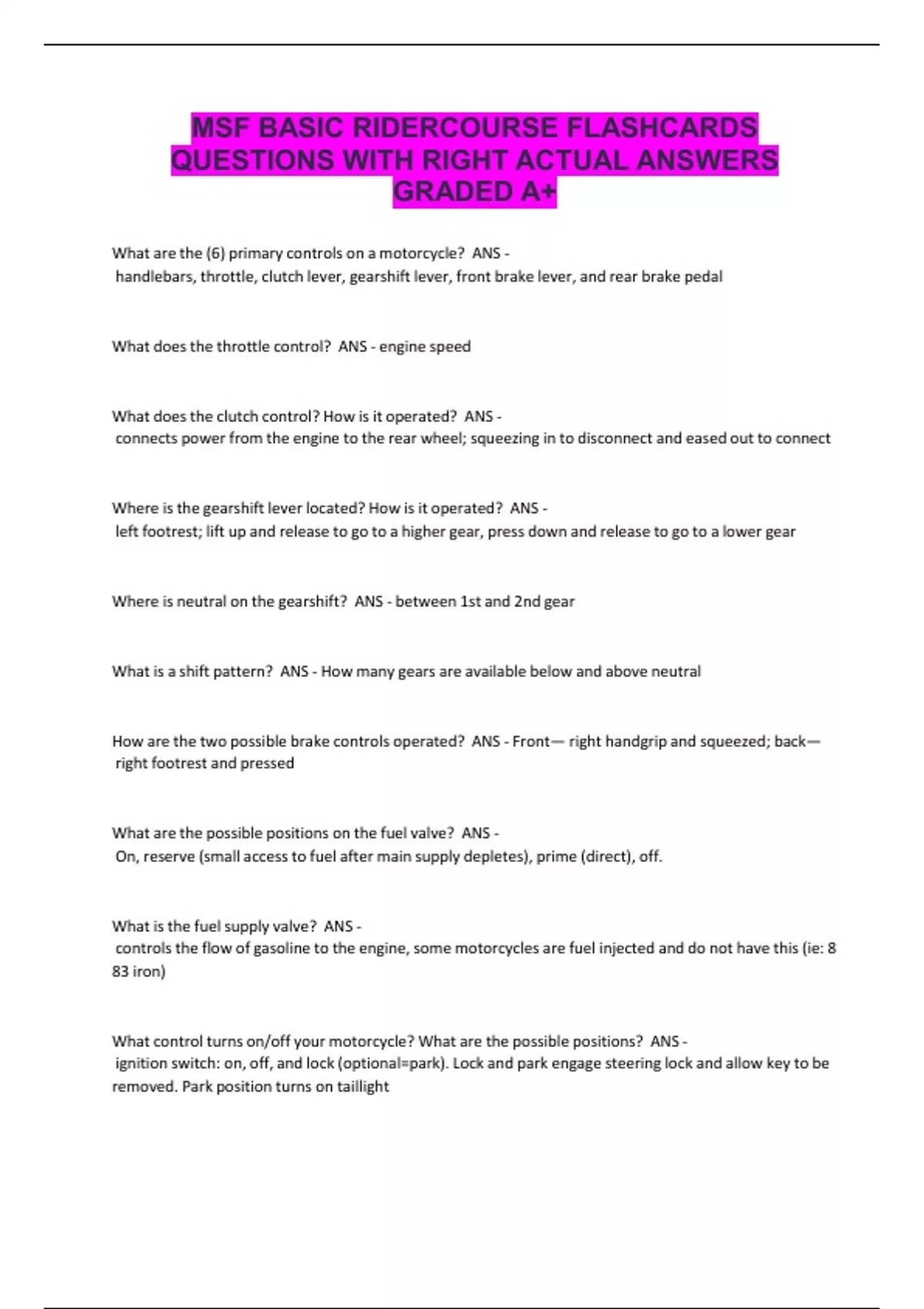 MSF BASIC RIDERCOURSE FLASHCARDS QUESTIONS WITH RIGHT ACTUAL ANSWERS ...