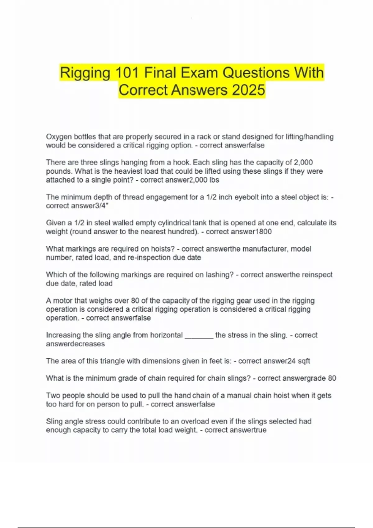 Rigging 101 Final Exam Questions With Correct Answers 2025 - Rigging ...