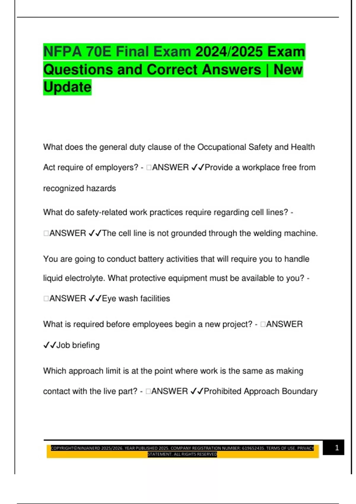 NFPA 70E Final Exam 2024/2025 Exam Questions and Correct Answers | New ...