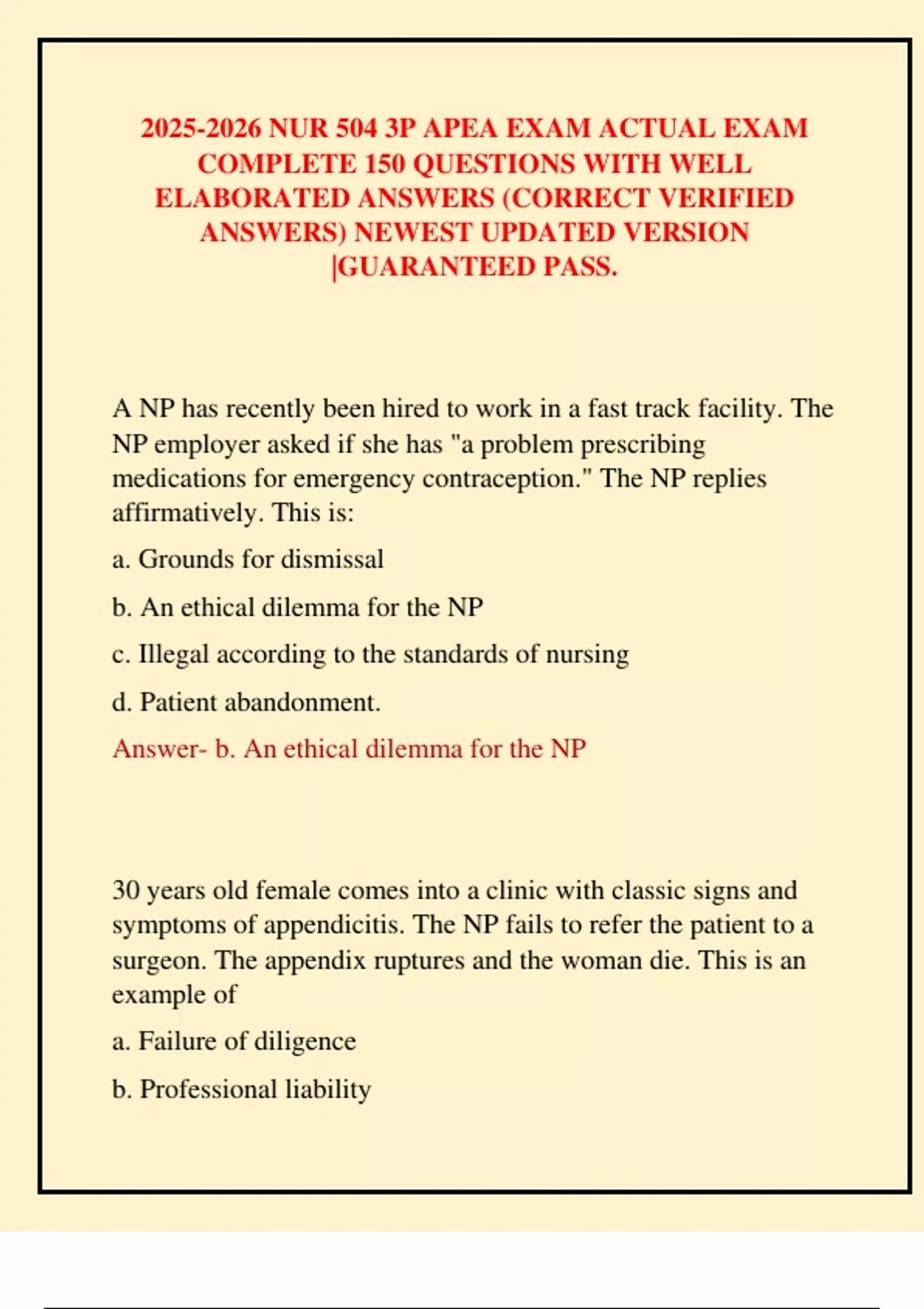 NUR 504 3P APEA EXAM ACTUAL EXAM COMPLETE 150 QUESTIONS WITH WELL ...