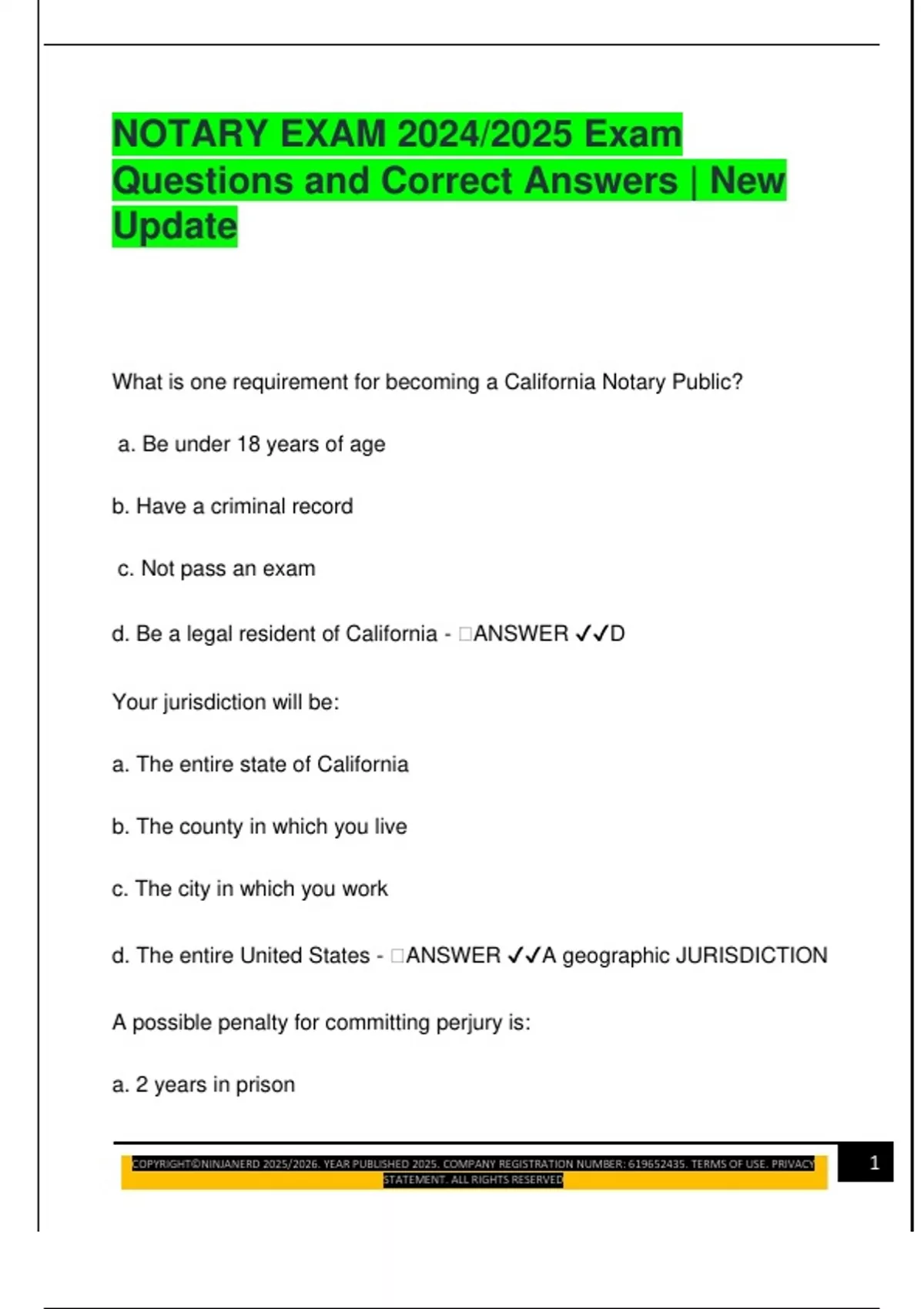 NOTARY EXAM 2024/2025 Exam Questions and Correct Answers | New Update ...