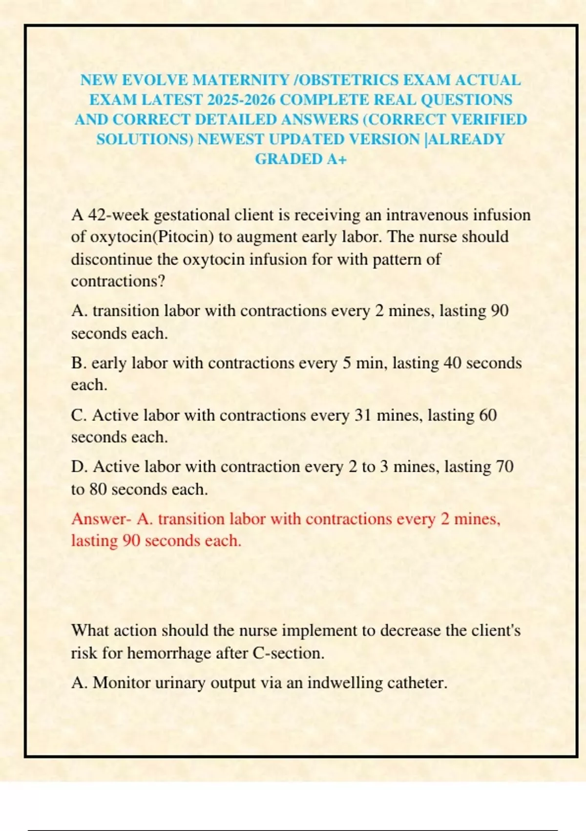 NEW EVOLVE MATERNITY /OBSTETRICS EXAM ACTUAL EXAM LATEST COMPLETE REAL ...