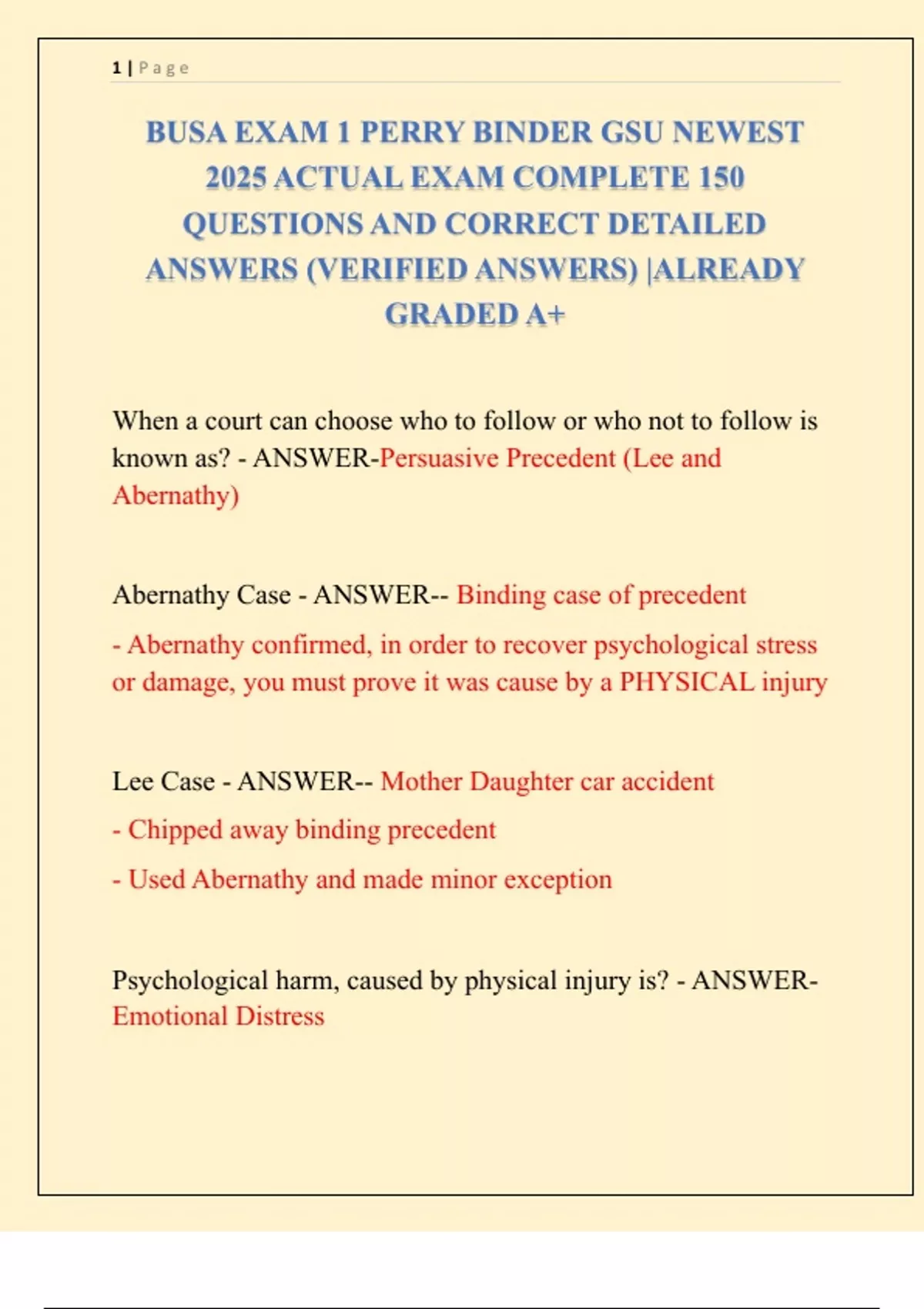 BUSA EXAM 1 PERRY BINDER GSU NEWEST 2025 ACTUAL EXAM COMPLETE 150 ...