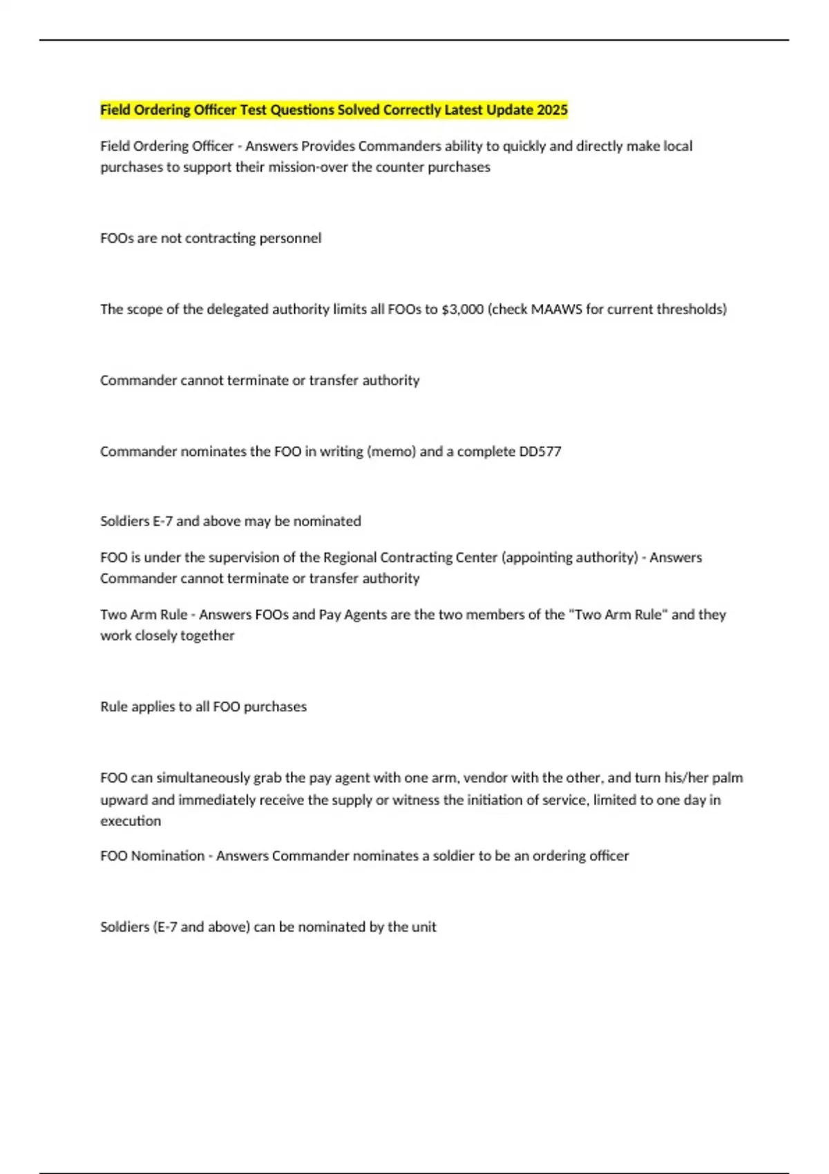 Field Ordering Officer Test Questions Solved Correctly Latest Update ...