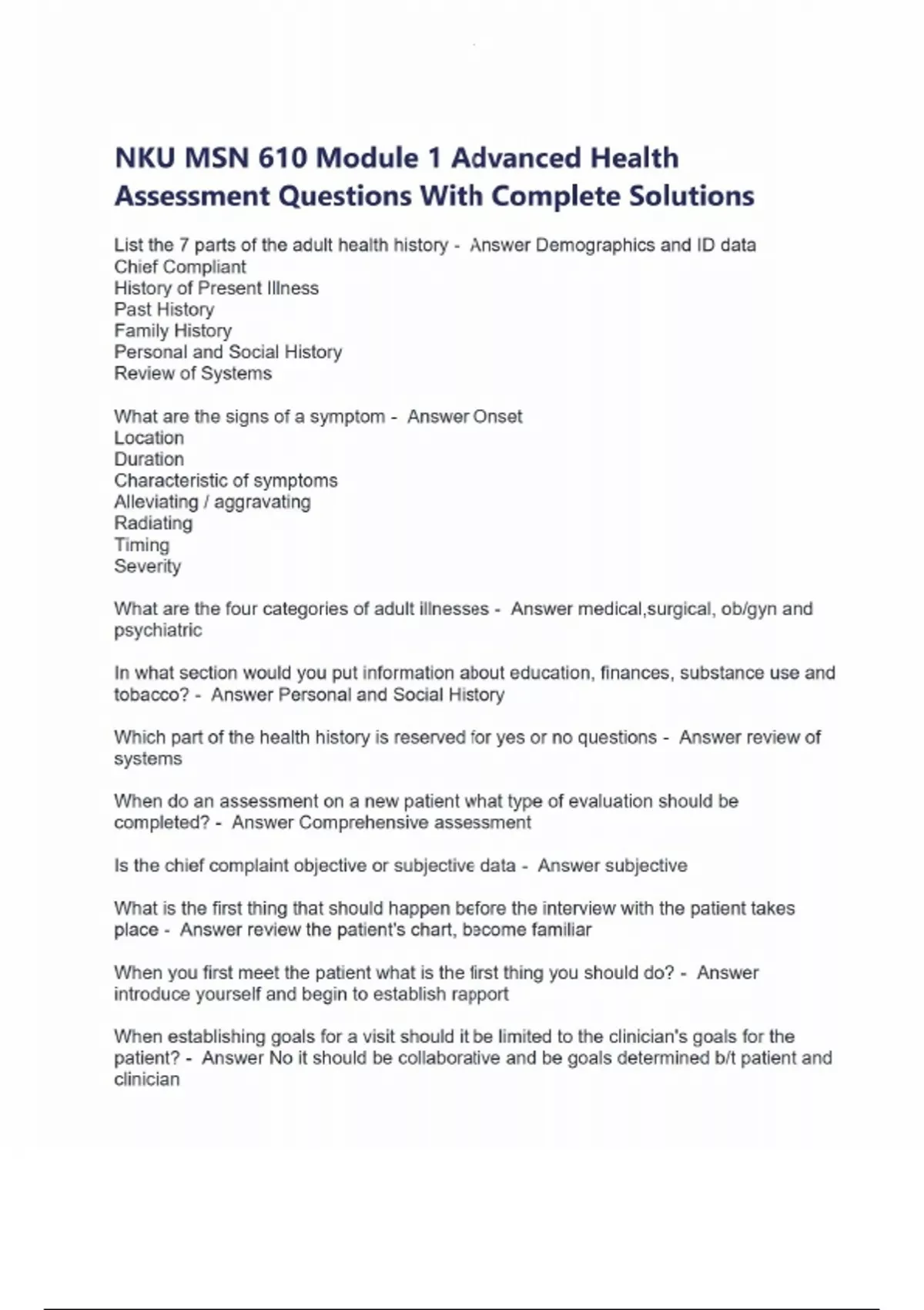 NKU MSN 610 Module 1 Advanced Health Assessment Questions With Complete ...