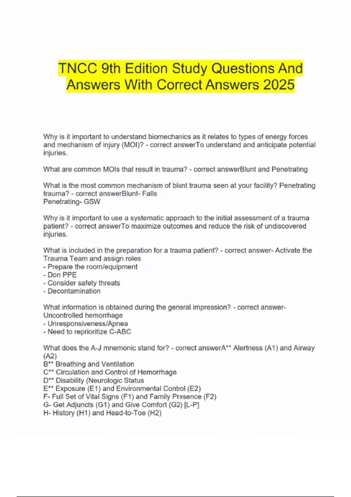 TNCC 9th Edition Study Questions And Answers With Correct Answers 2025 ...