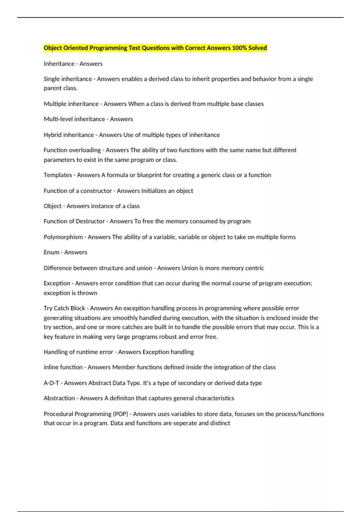 Object Oriented Programming Test Questions With Correct Answers 100 Solved Object Oriented