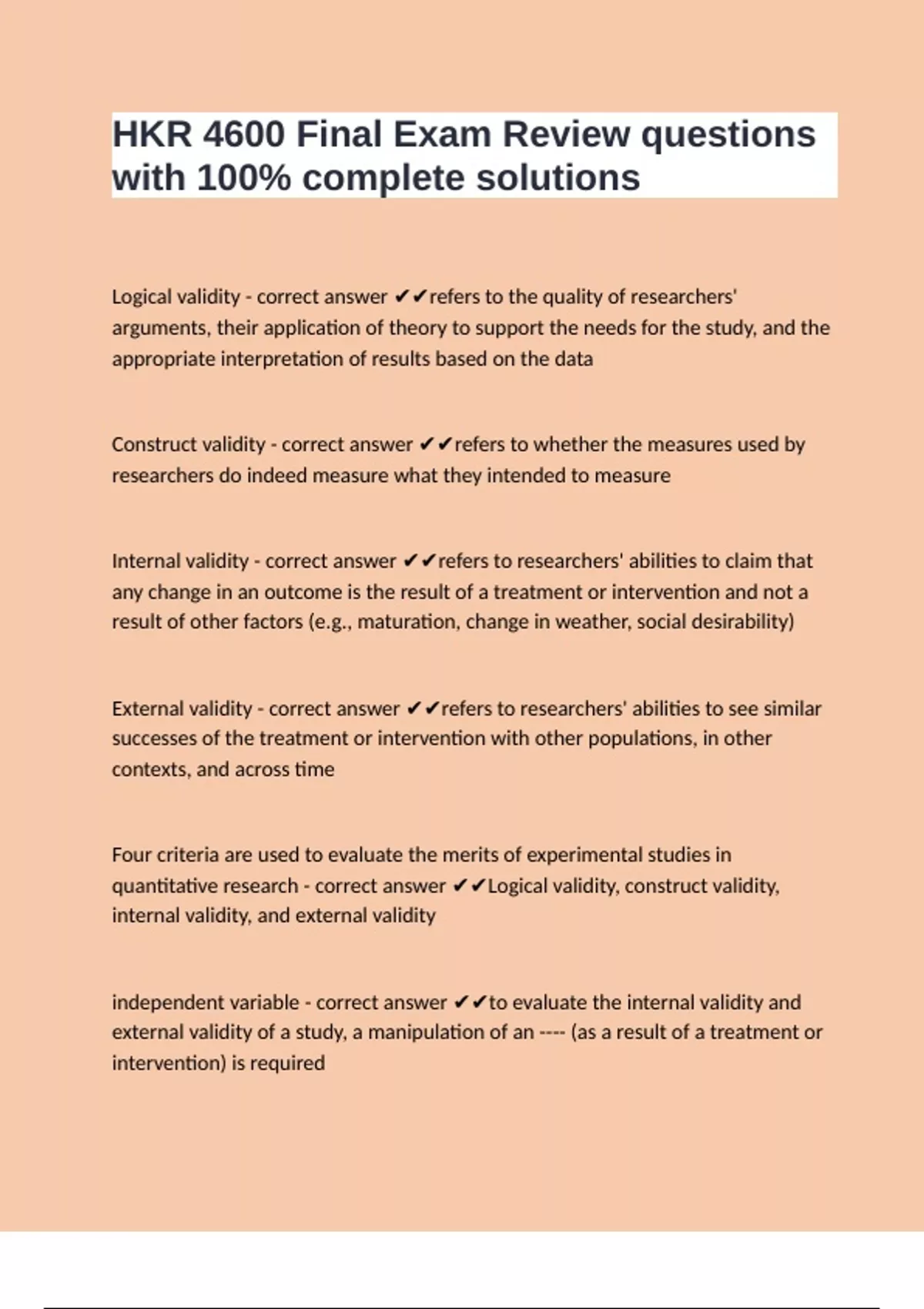 HKR 4600 Final Exam Review questions with 100% complete solutions - HKR ...