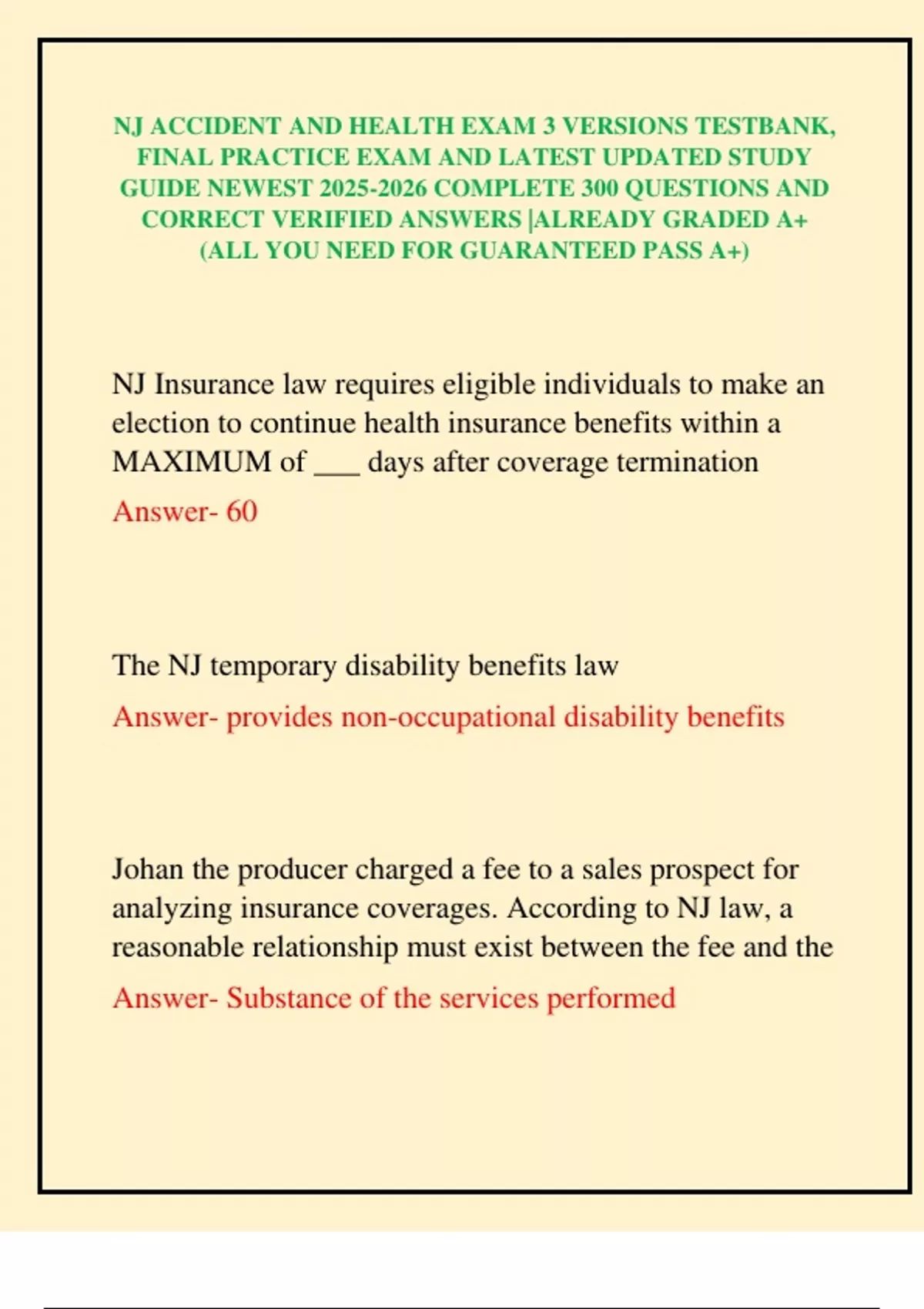 NJ ACCIDENT AND HEALTH EXAM 3 VERSIONS TESTBANK, FINAL PRACTICE EXAM ...
