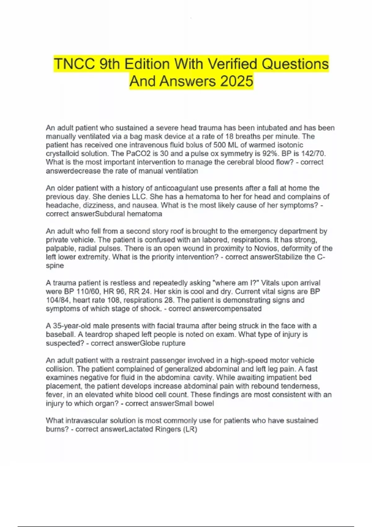 TNCC 9th Edition With Verified Questions And Answers 2025 - TNCC 9th ...