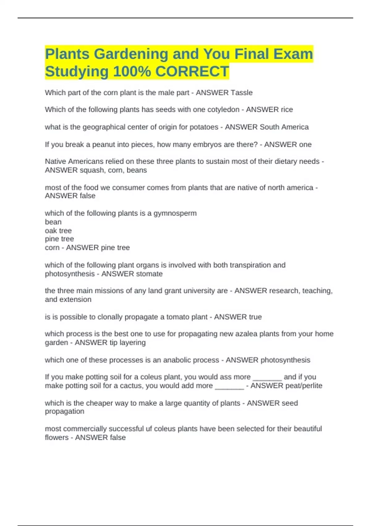 Plants Gardening and You Final Exam Studying 100% CORRECT - Plants ...