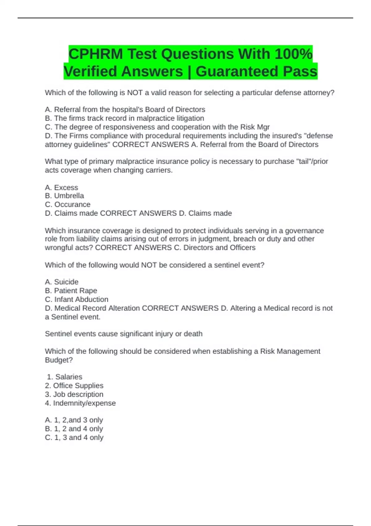 CPHRM Test Questions With 100% Verified Answers | Guaranteed Pass ...