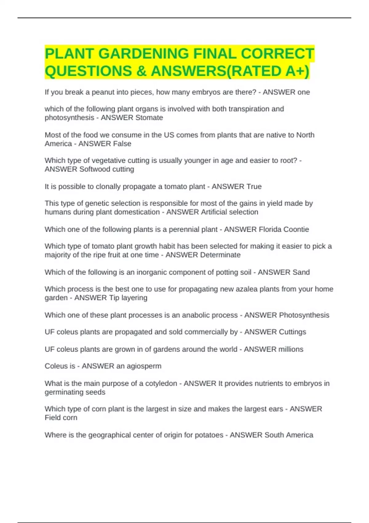 PLANT GARDENING FINAL CORRECT QUESTIONS & ANSWERS(RATED A+) - Plants ...