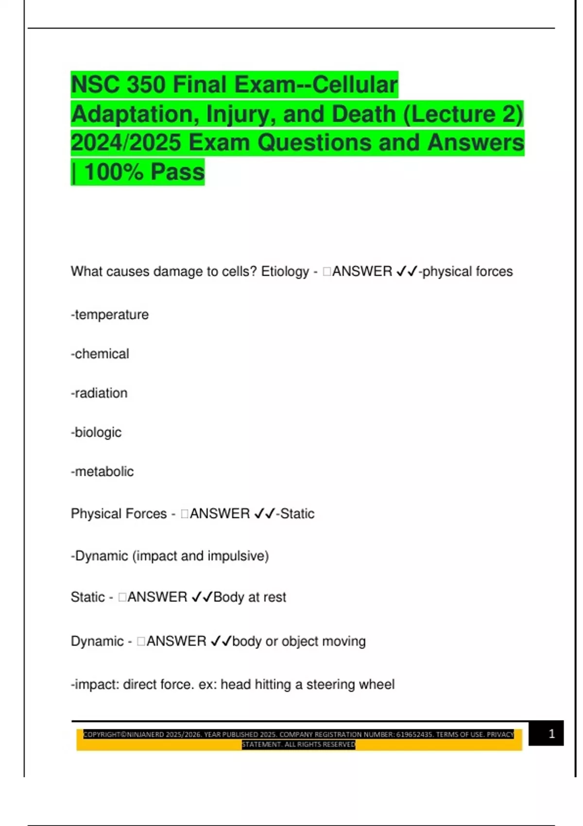 NSC 350 Final Exam--Cellular Adaptation, Injury, and Death (Lecture 2 ...