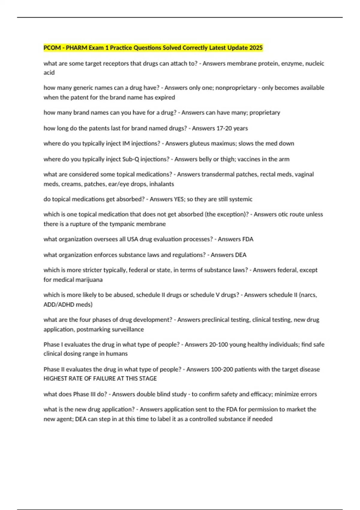 PCOM - PHARM Exam 1 Practice Questions Solved Correctly Latest Update ...