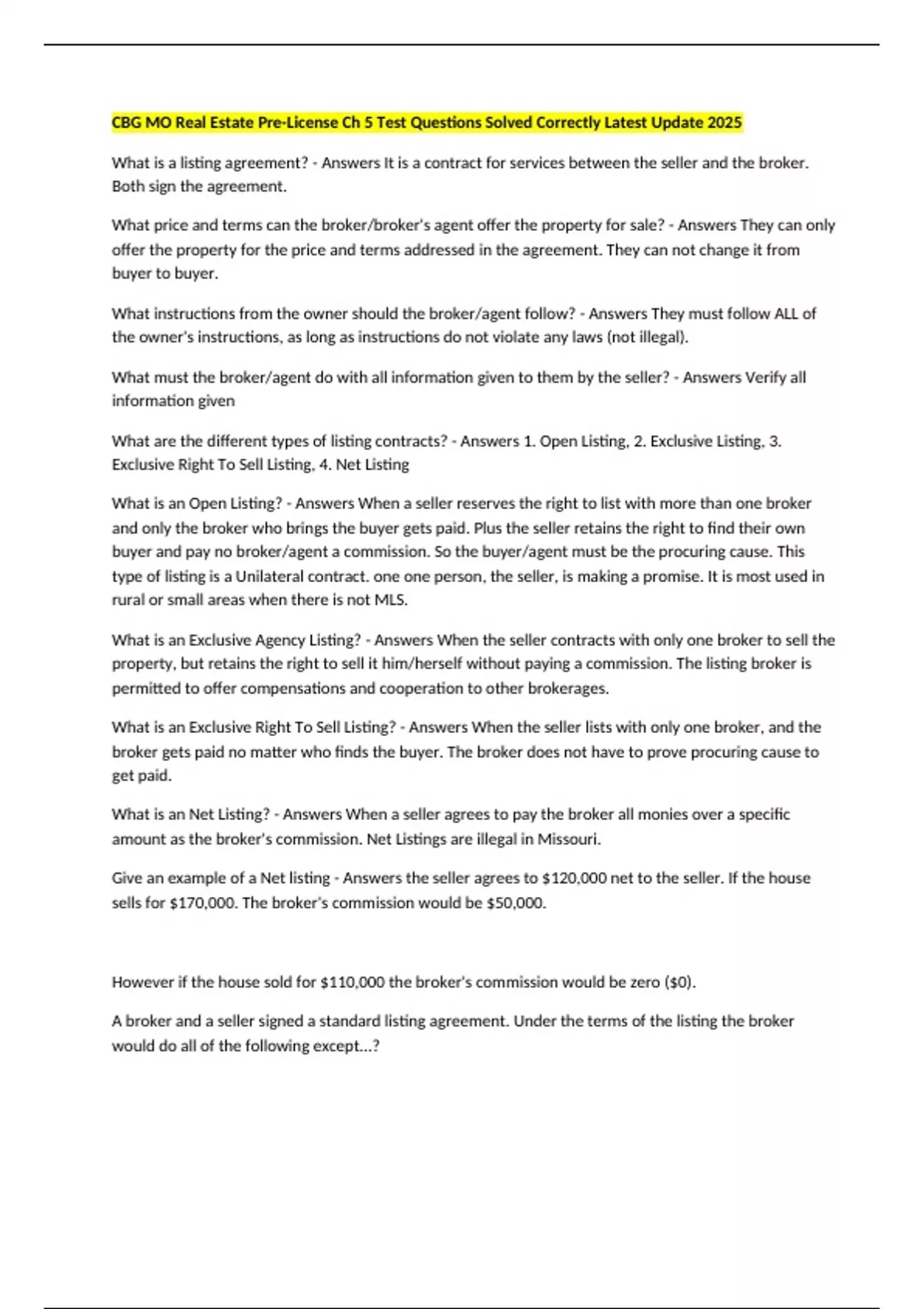 Cbg Mo Real Estate Pre License Ch 5 Test Questions Solved Correctly