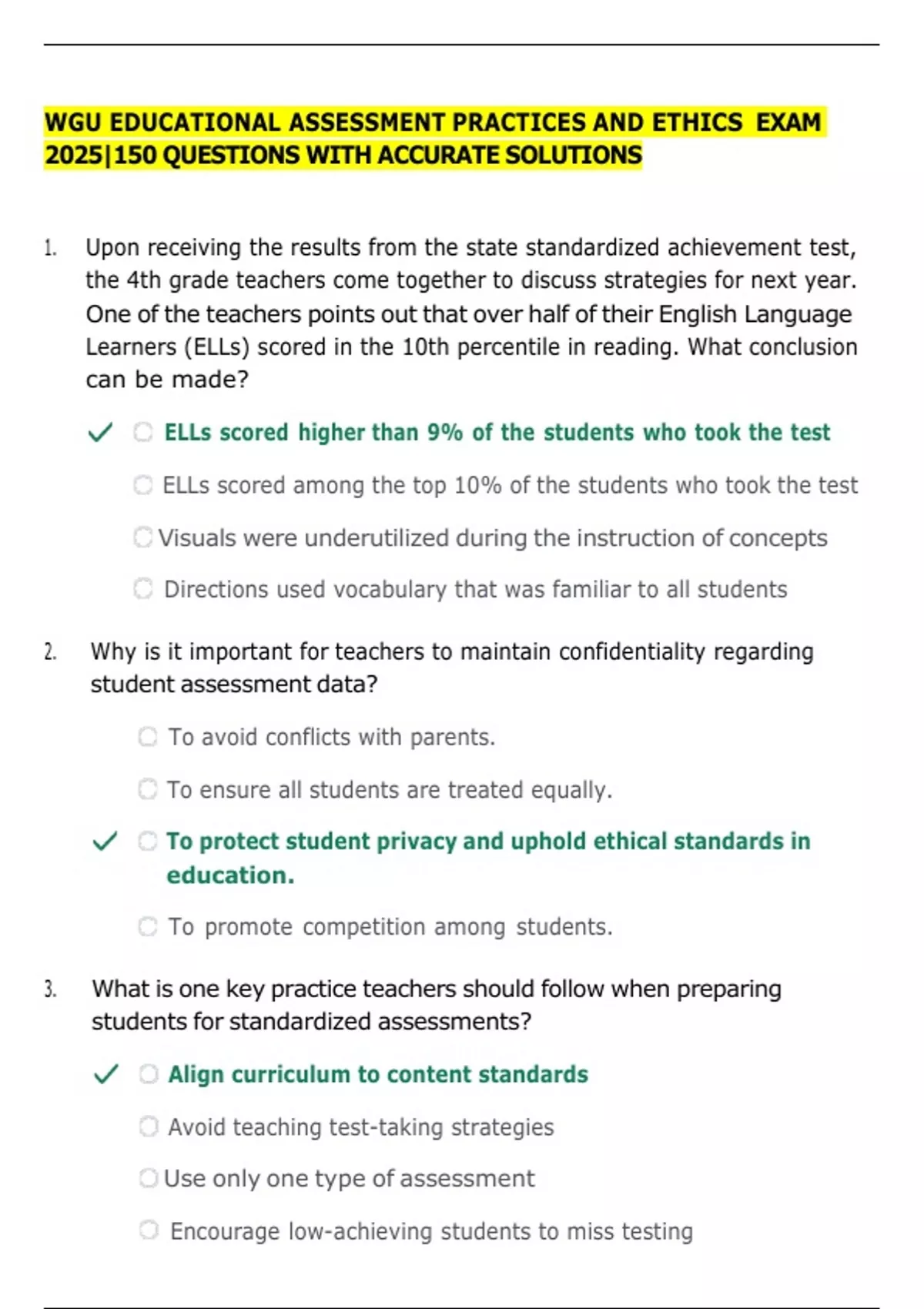 WGU EDUCATIONAL ASSESSMENT PRACTICES AND ETHICS EXAM 2025|150 QUESTIONS ...